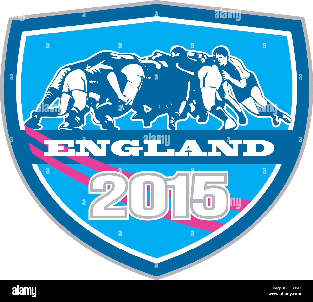 Illustration of rugby union players in a scrum set inside shield with ...