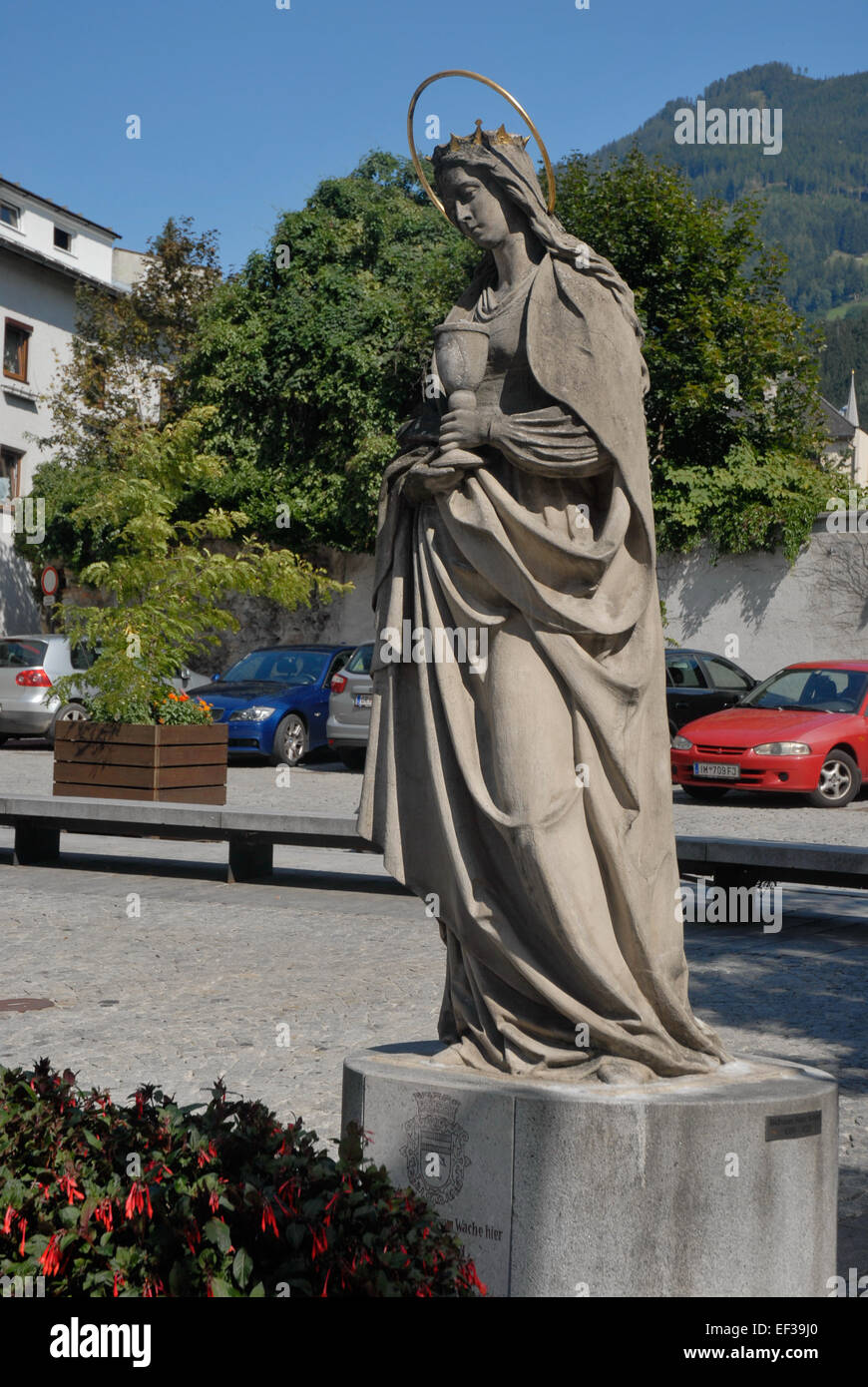St. Barbara statue at Pfundplatz in Schwaz, Austria, a prominent ...