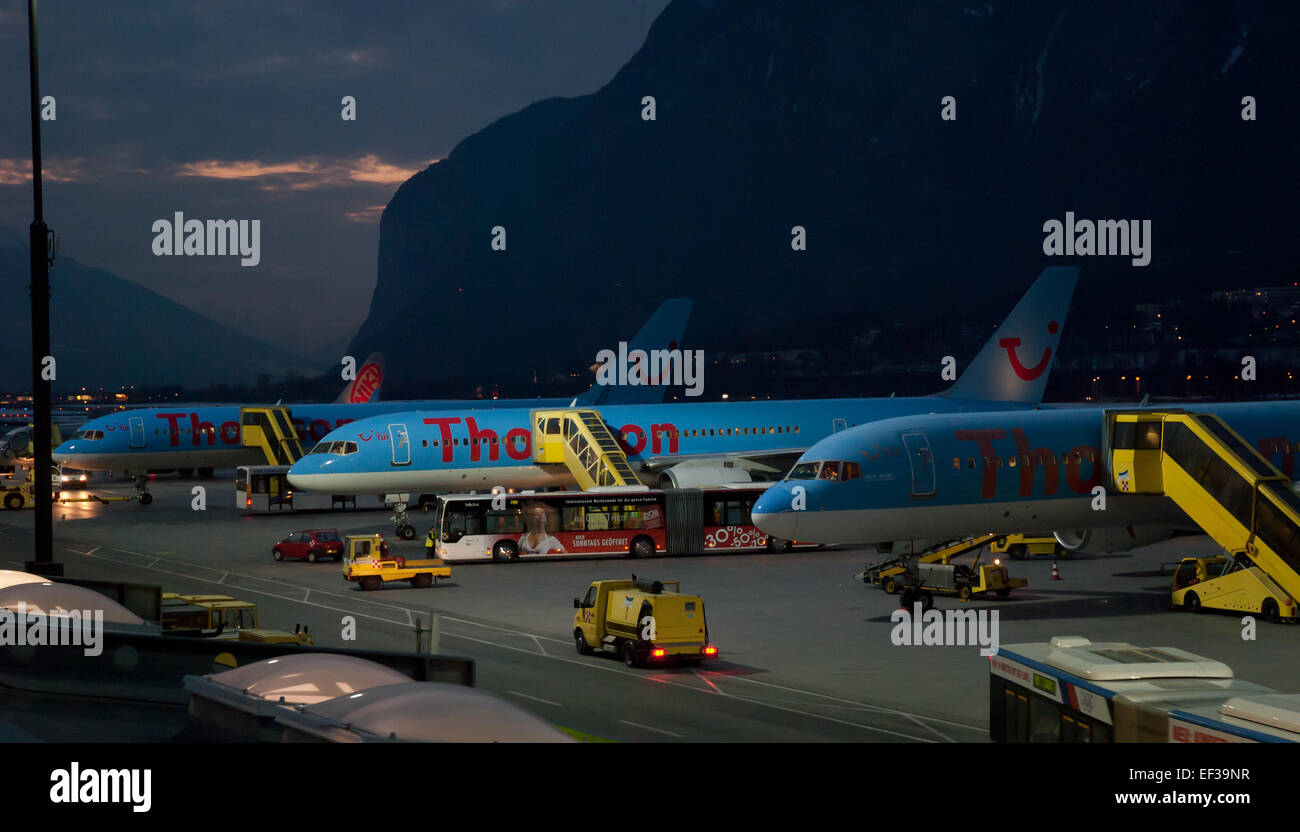 Innsbruck Airport in Austria with Thomson airplanes on the runway ...