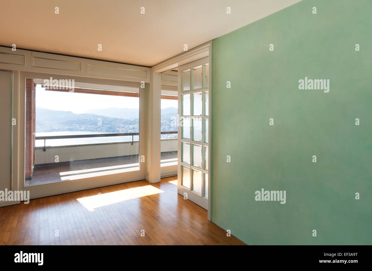 Interior, empty apartment classic, large room with windows Stock Photo ...