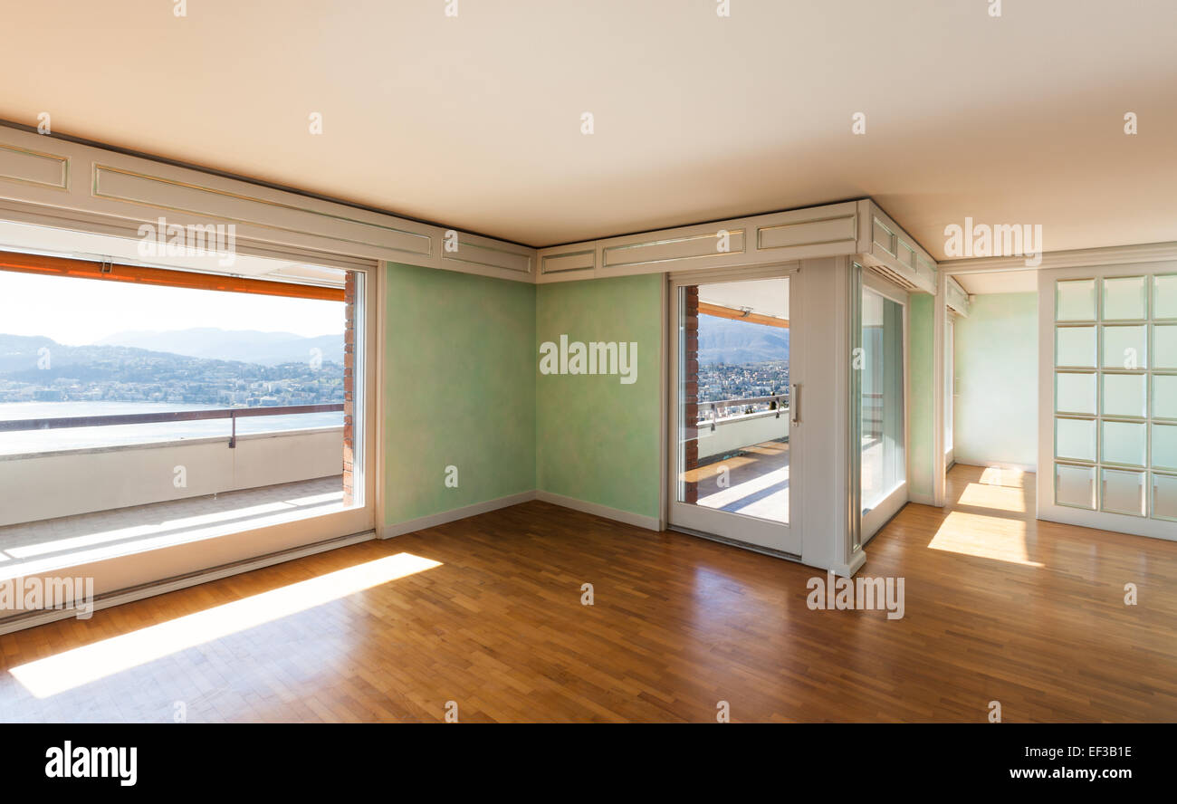 Interior, empty apartment classic, large room with windows Stock Photo ...
