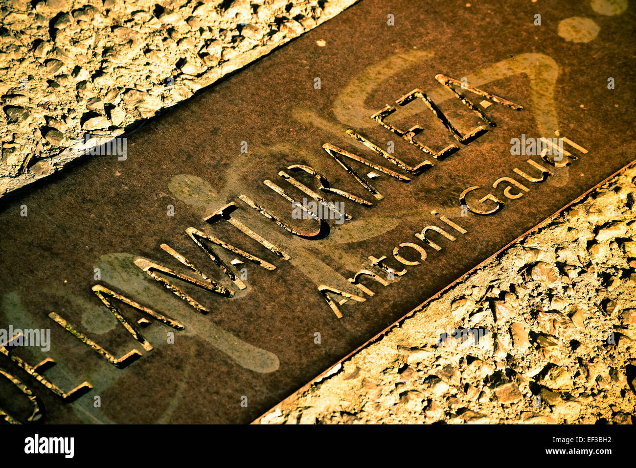 Plaque, spanish words. Words from Antoni Gaudi architect. Park Guell ...