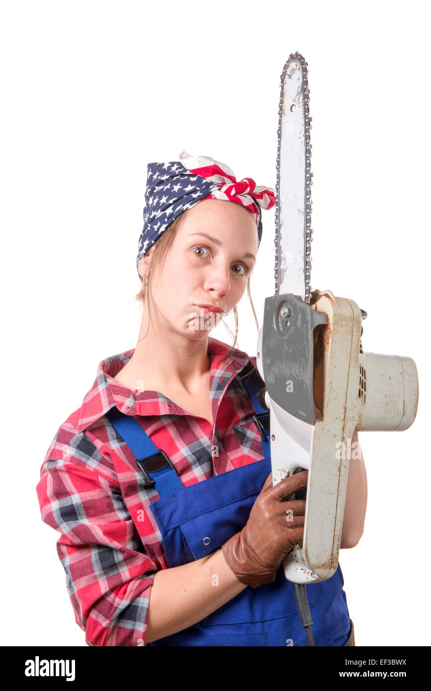 Vintage pretty young woman with a chainsaw on the white background ...