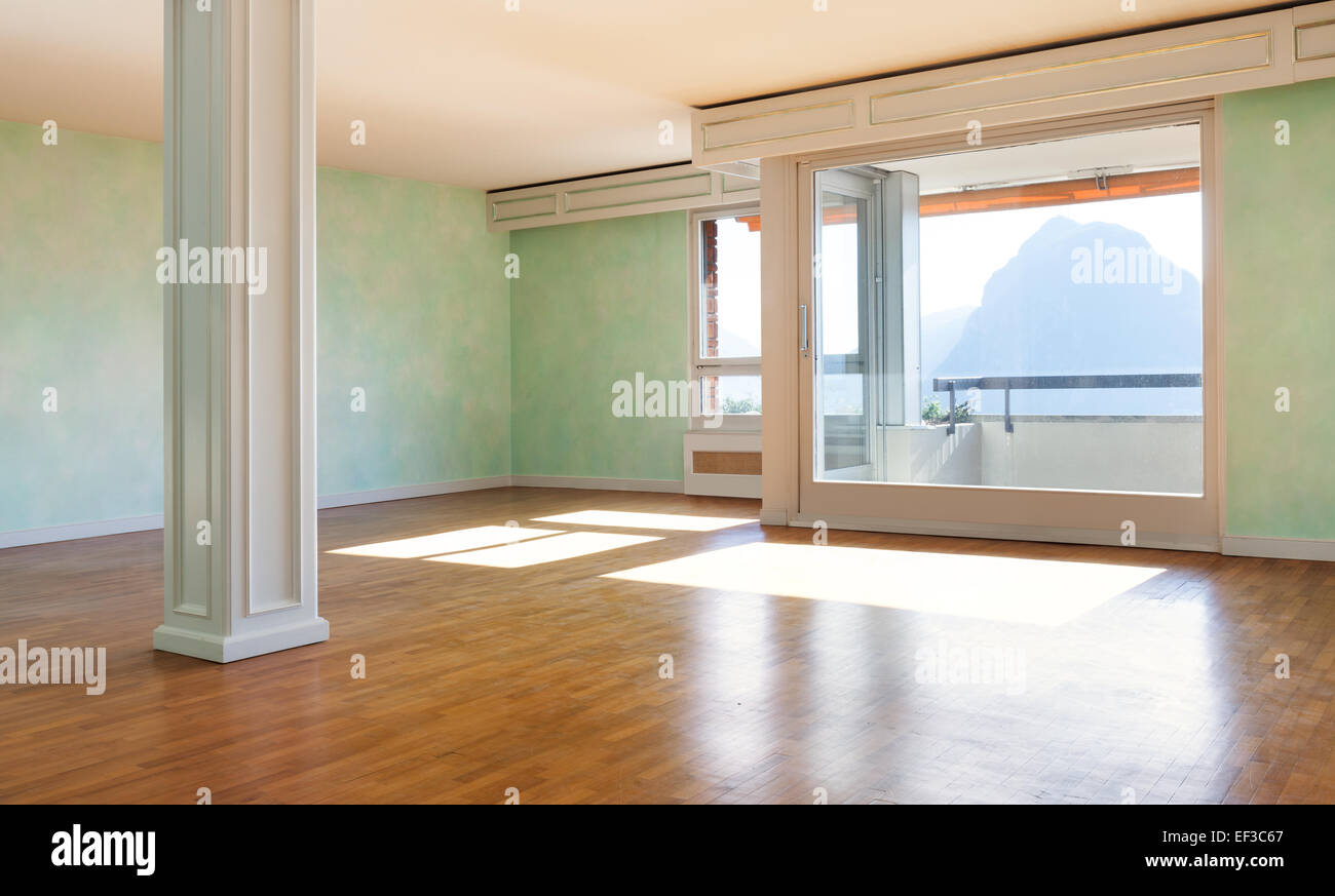 Interior, empty apartment classic, large room with windows Stock Photo ...