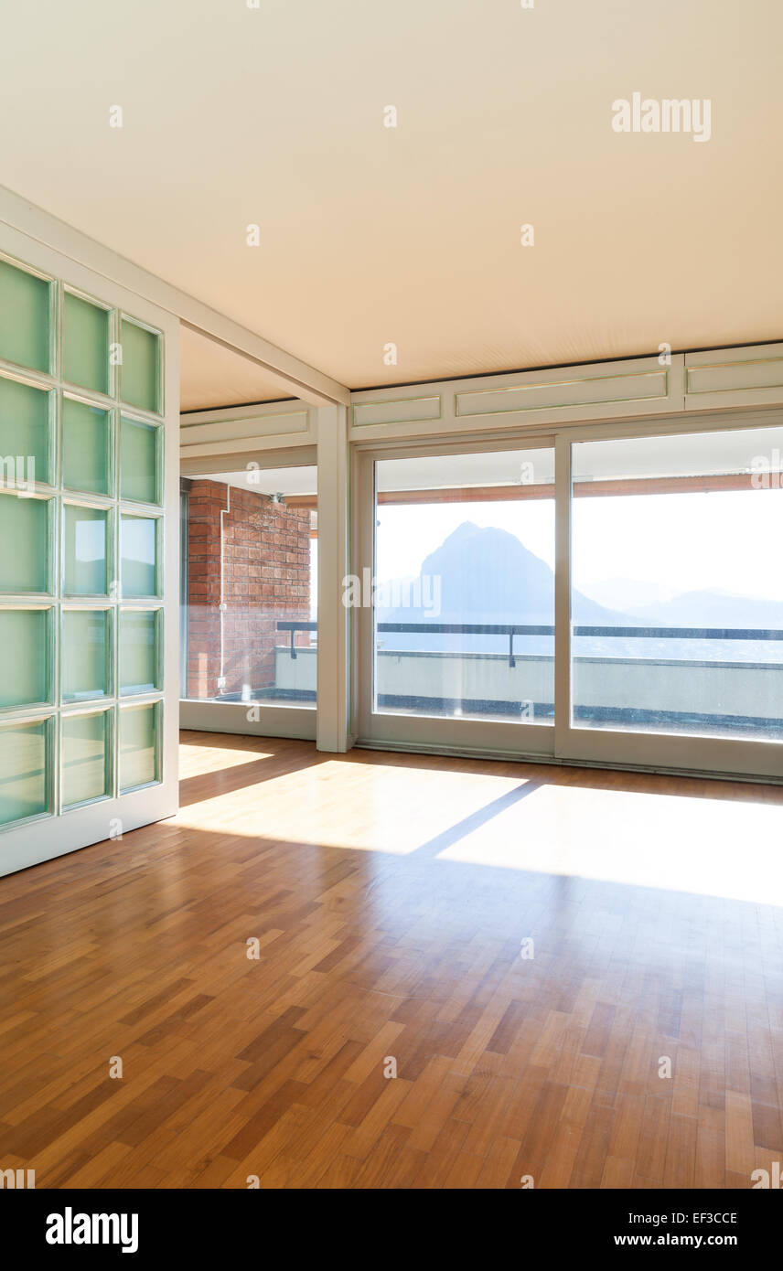 Interior, empty apartment classic, large room with windows Stock Photo ...