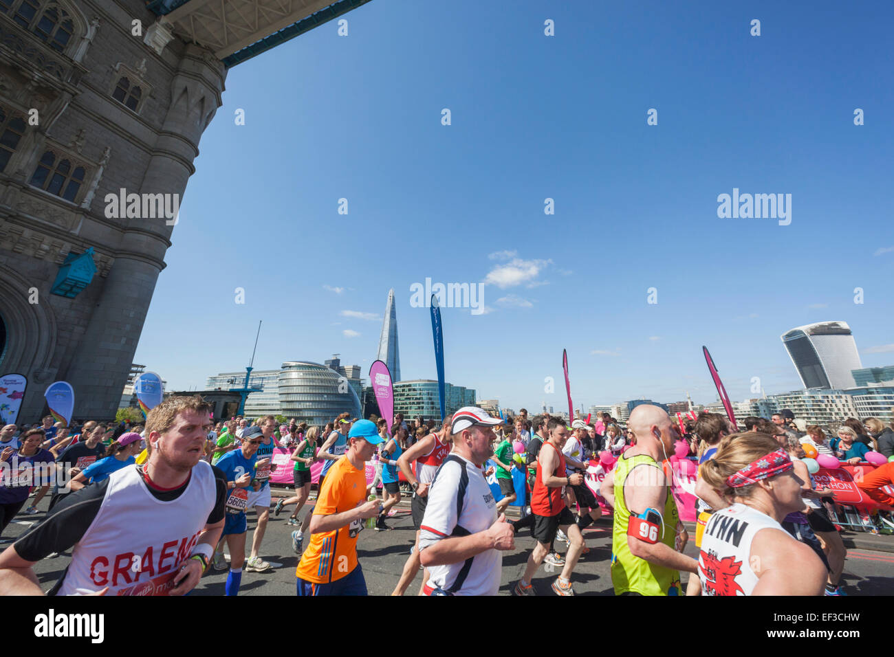 England, London, London Marathon, Runners on Tower Bridge Stock Photo ...