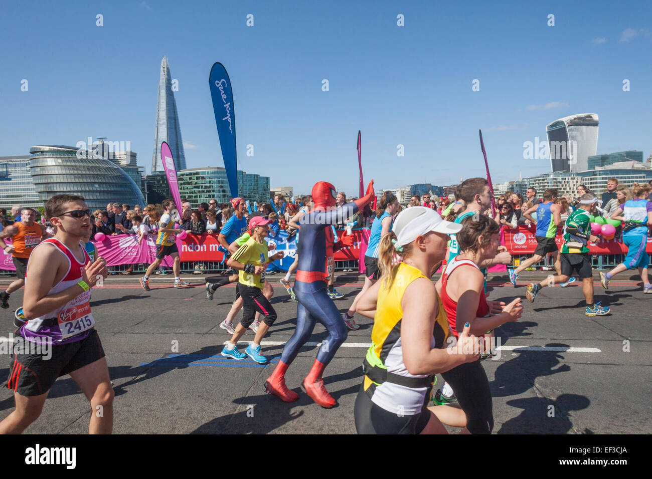 England, London, London Marathon, Runners on Tower Bridge Stock Photo ...