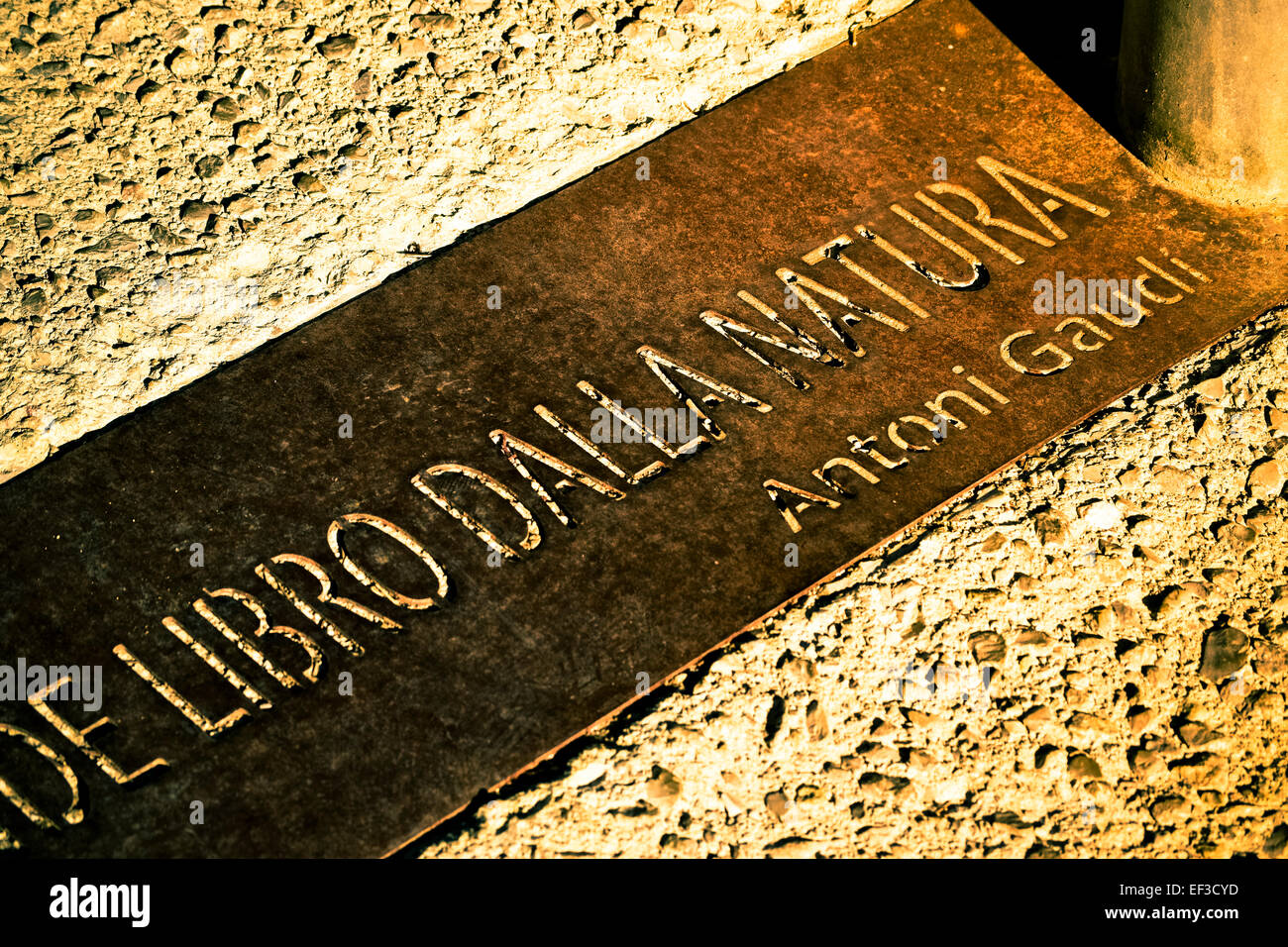 Plaque, italian words. Words from Antoni Gaudi architect. Park Guell ...