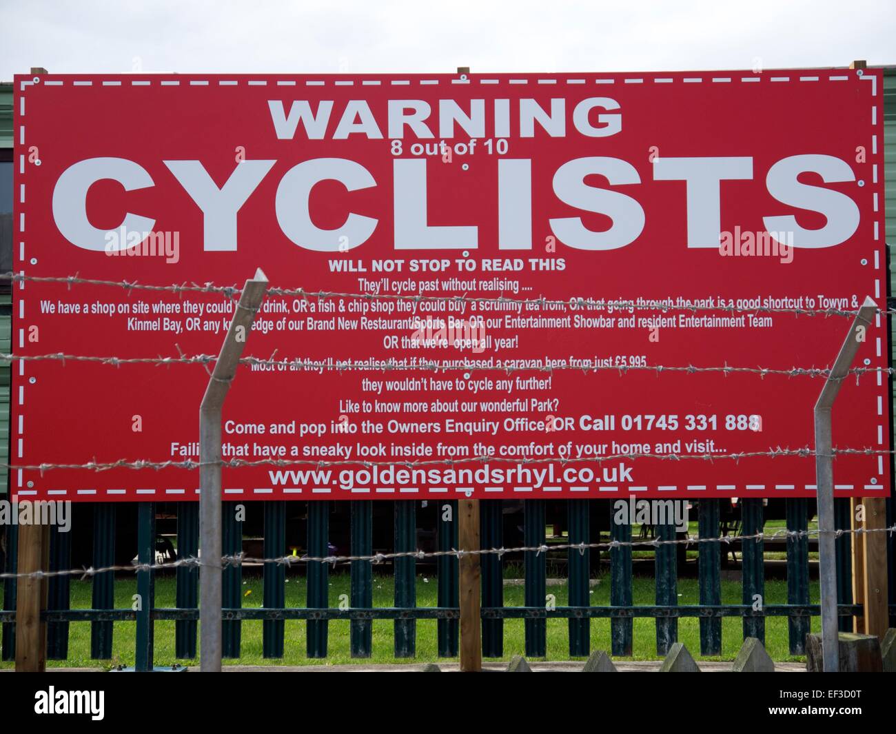 Warning sign to cyclists, that upon reading is actually a advertisement ...