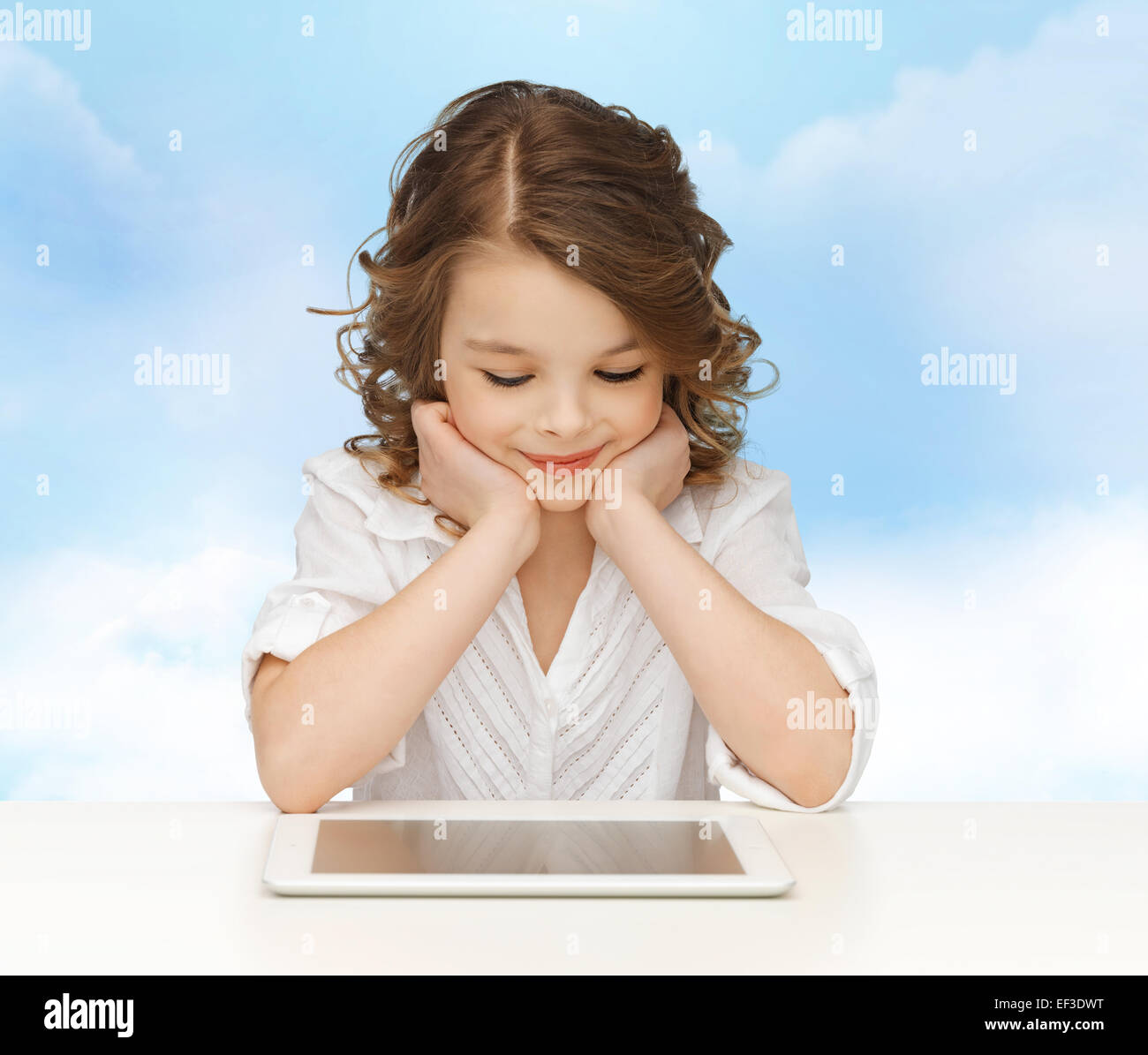 happy smiling girl with tablet pc computer Stock Photo - Alamy