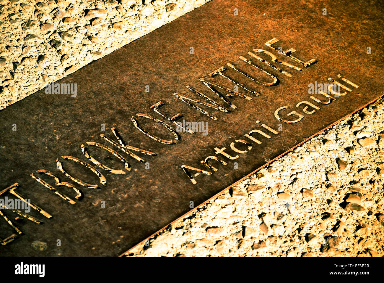 Plaque, english words. Words from Antoni Gaudi architect. Park Guell ...