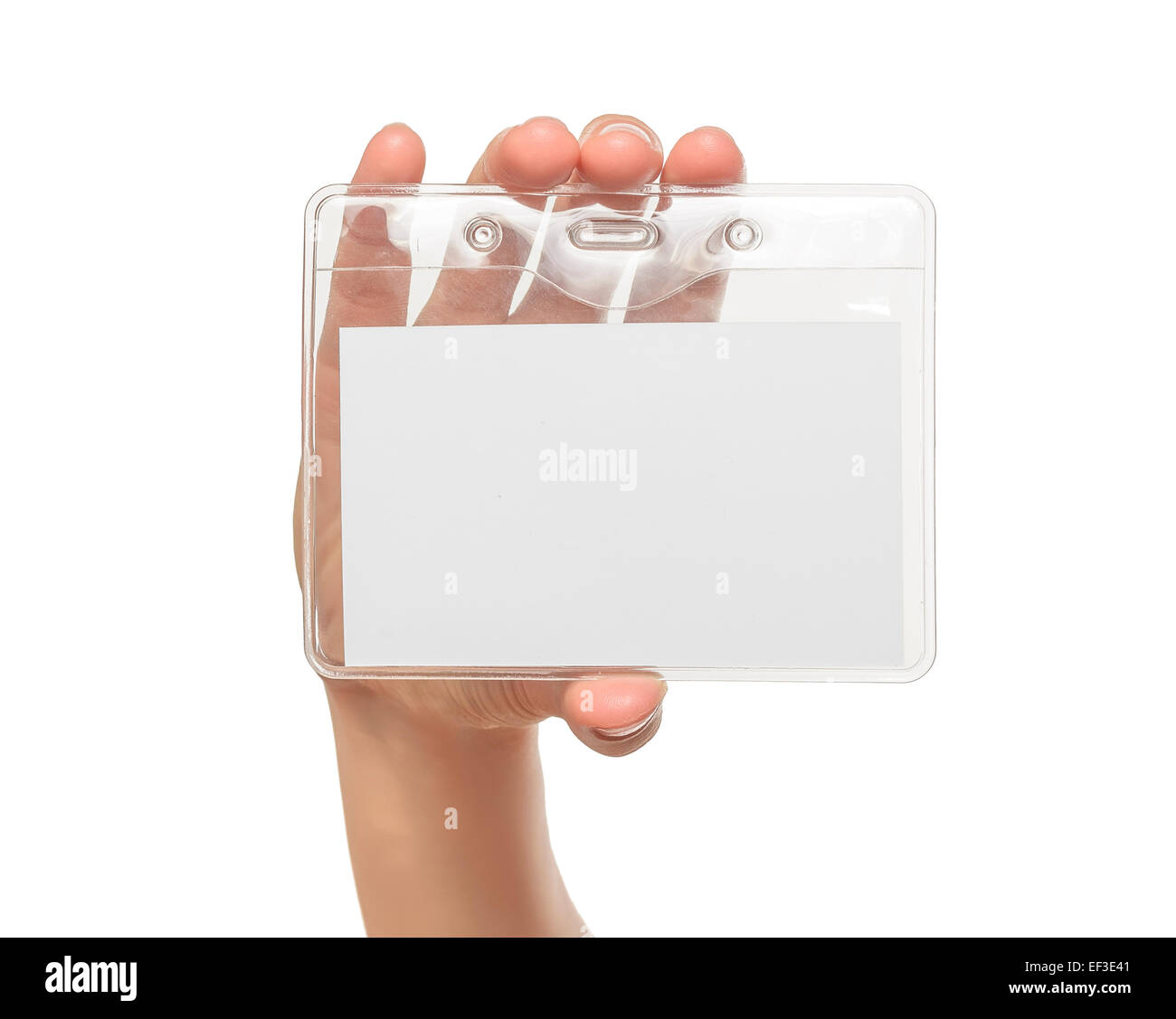 Woman's hand showing blank name badge Stock Photo - Alamy