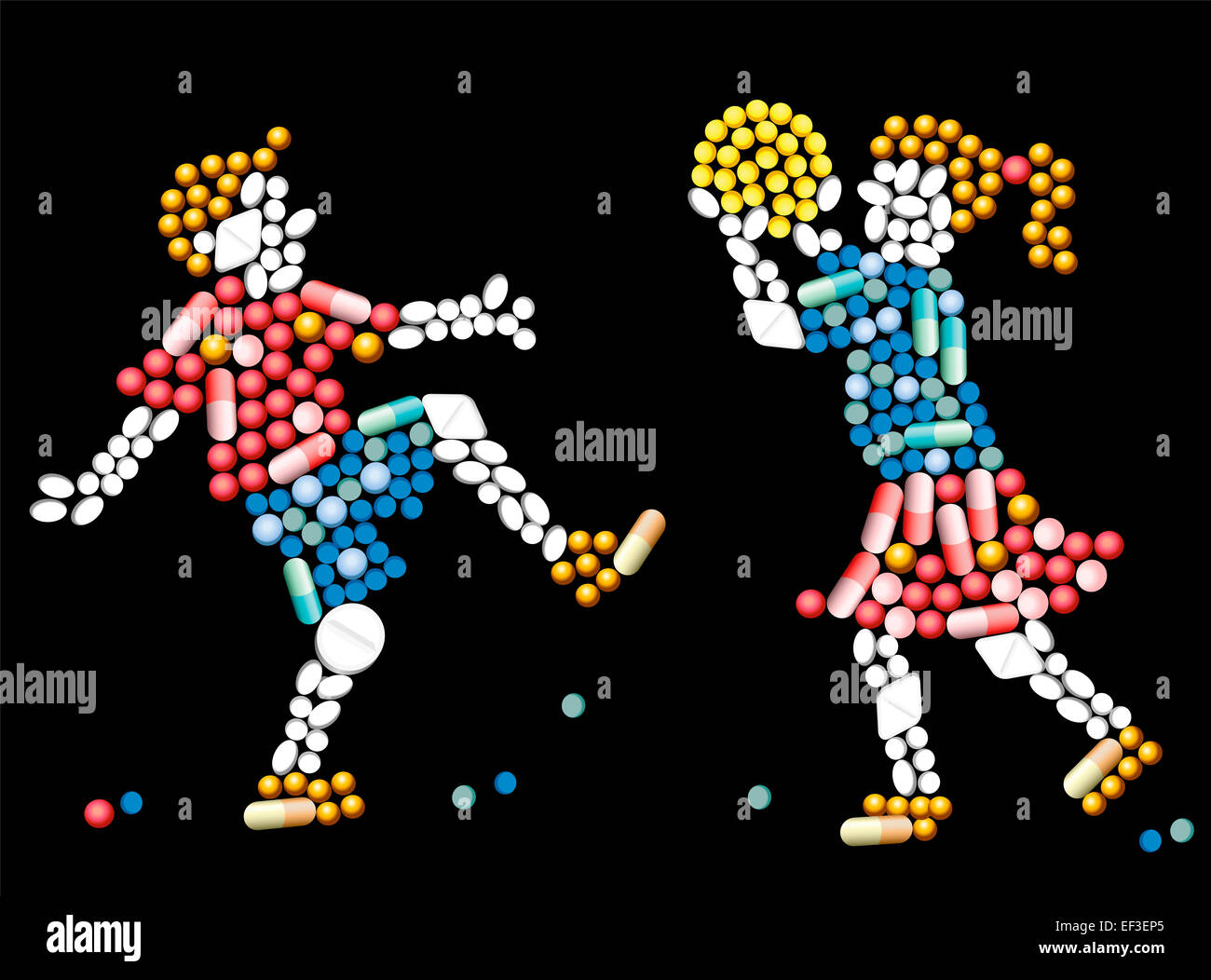 Pills, tablets and capsules, that shape the silhouettes of two children ...