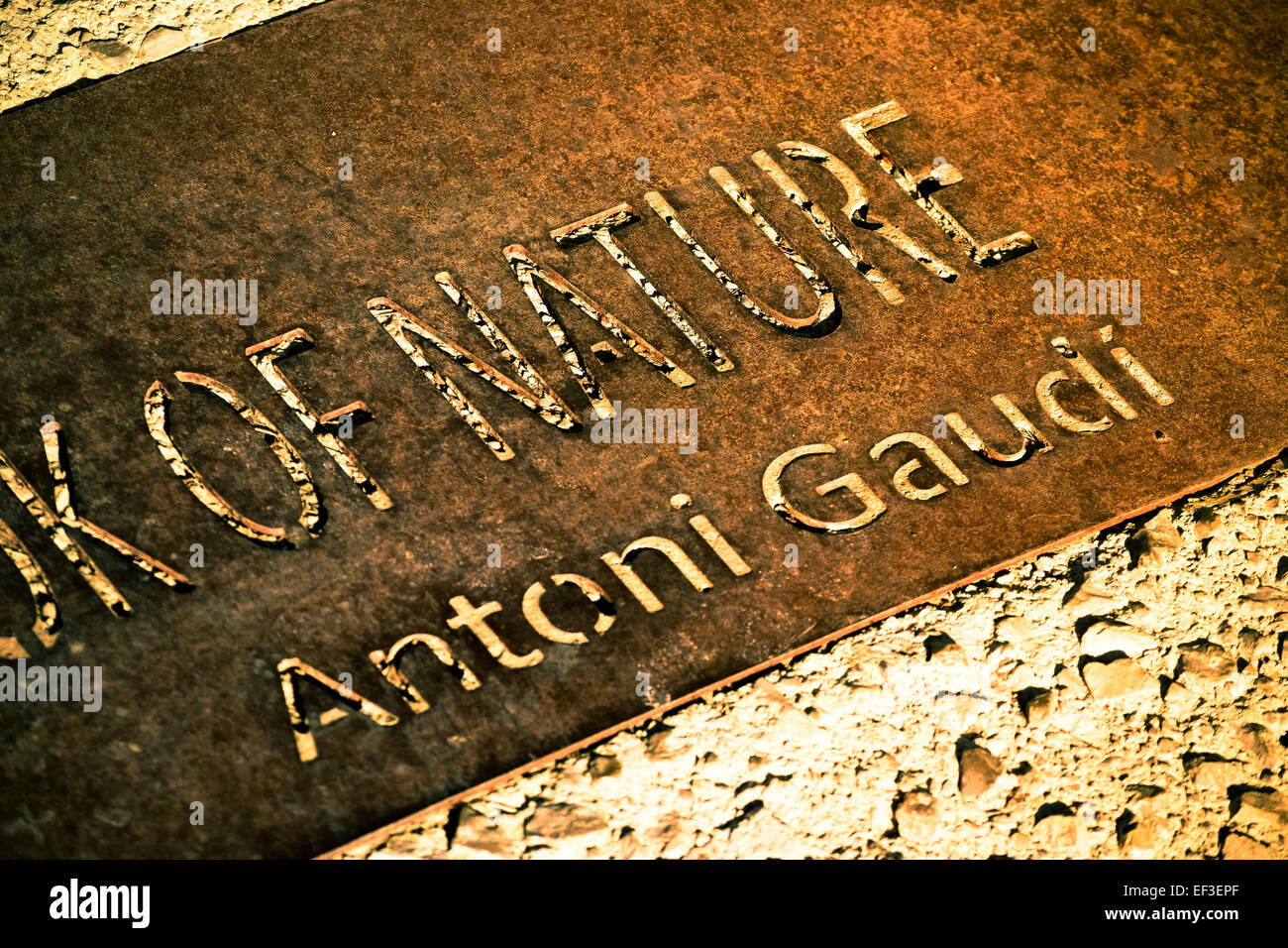 Plaque, english words. Words from Antoni Gaudi architect. Park Guell ...