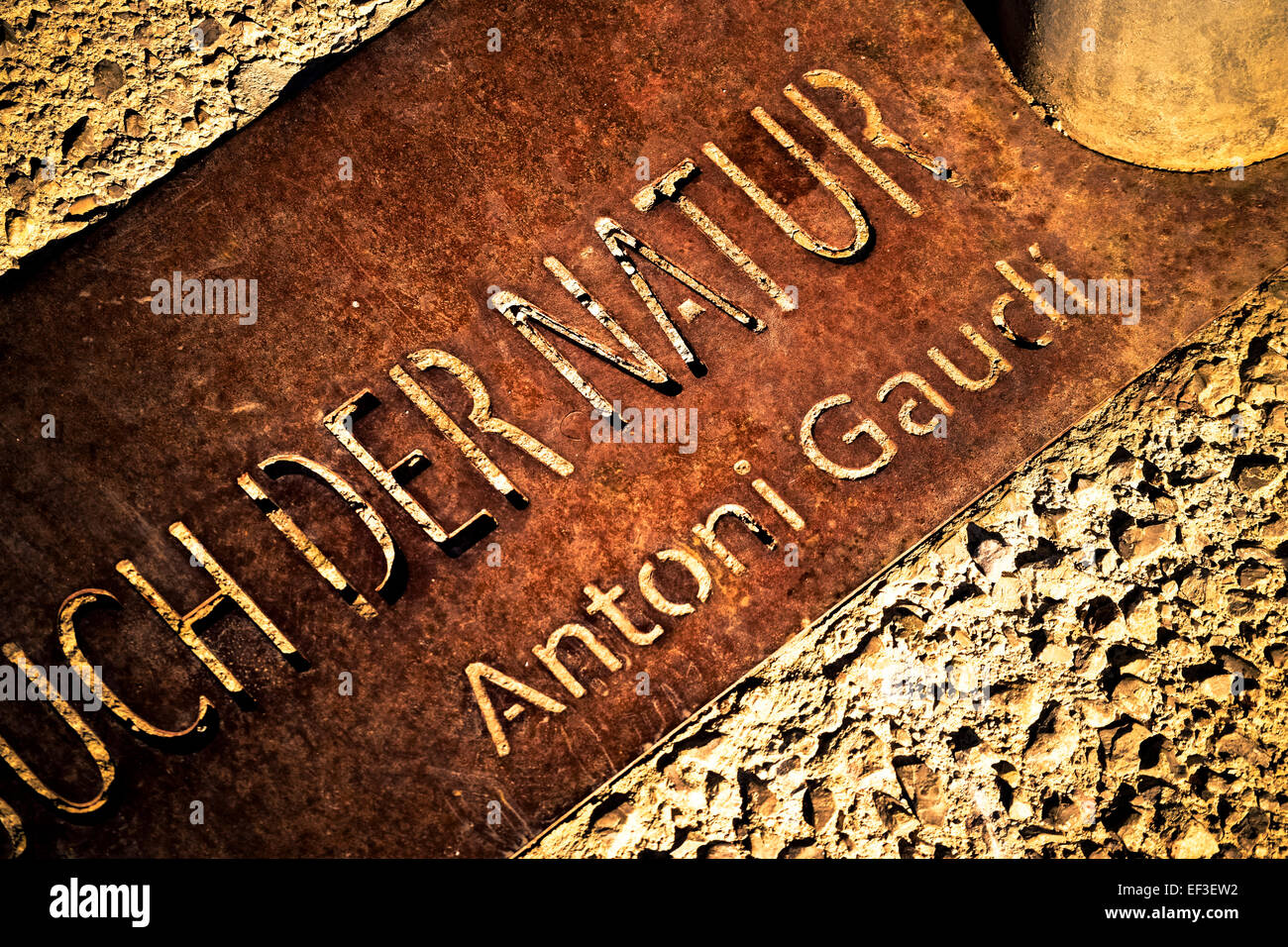 Plaque, german words. Words from Antoni Gaudi architect. Park Guell ...