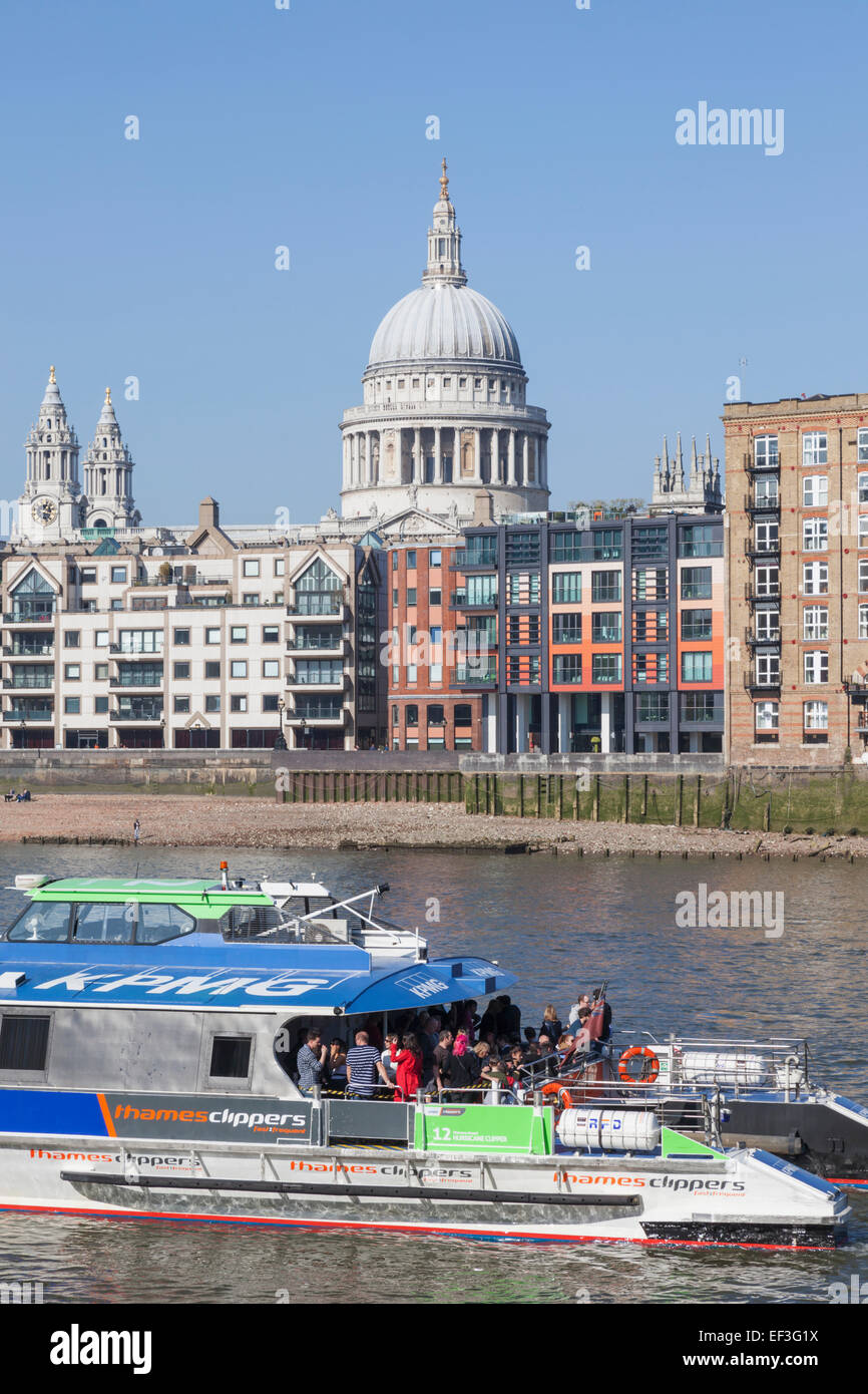 England, London, Thames Clipper Boat and St Paul's Cathedral Stock ...