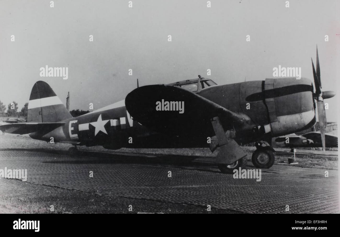 This photograph shows a Republic P-47D Thunderbolt, a World War II ...