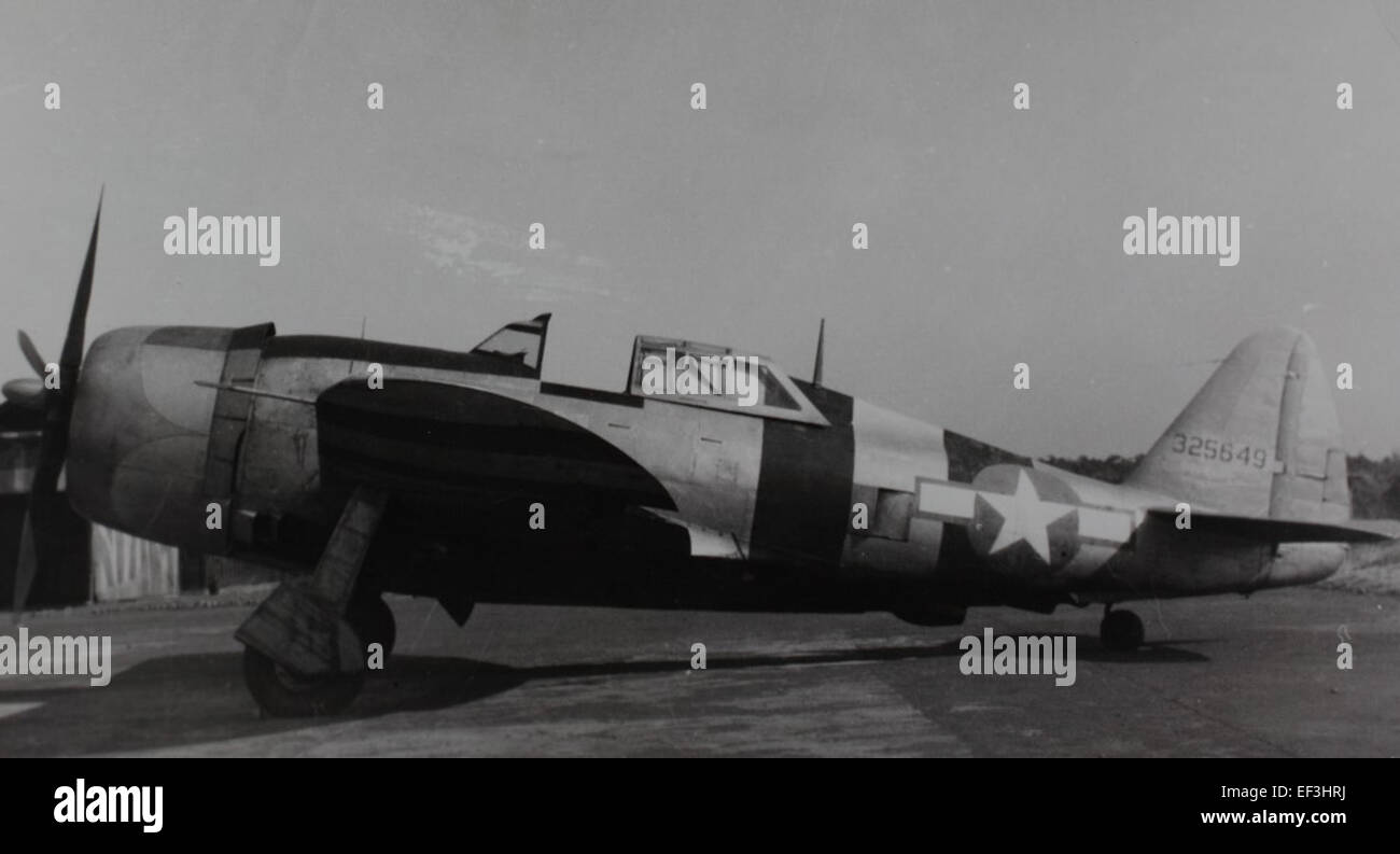 This historical photograph features the Republic P-47D Thunderbolt, a ...
