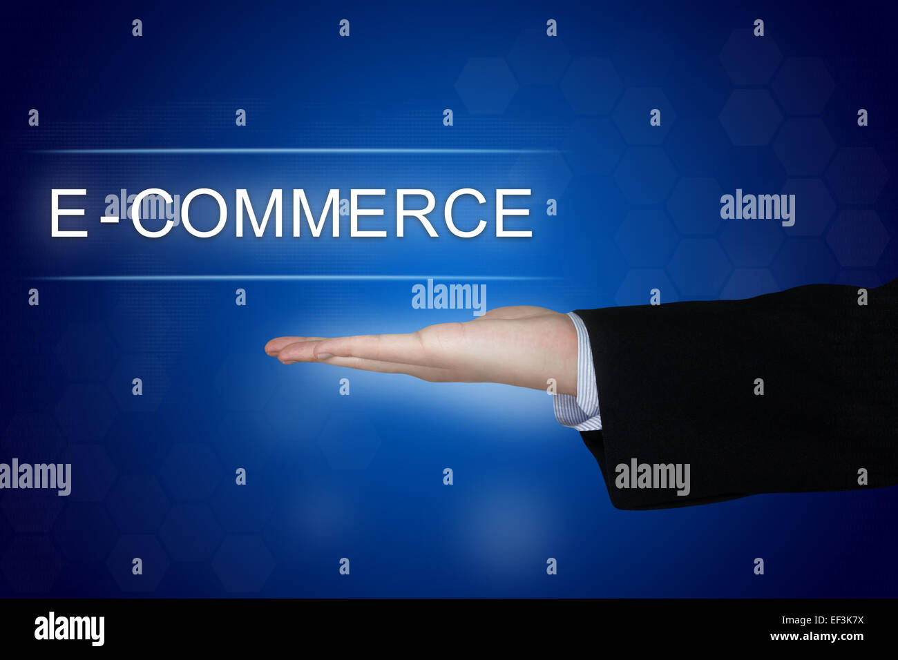e-commerce button with business hand on blue background Stock Photo - Alamy