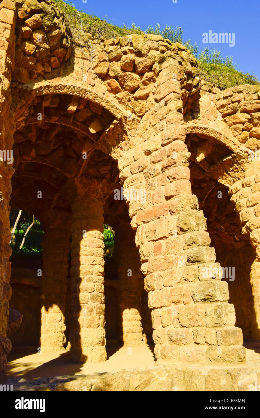 Stone columns. Park Guell. Designed by Antoni Gaudi architect ...