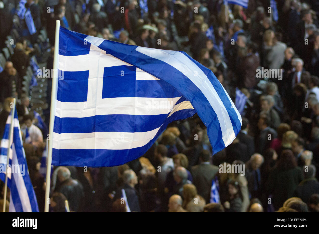 Greek flag. Greek voters of Nea Dimokratia Party during ralley for ...