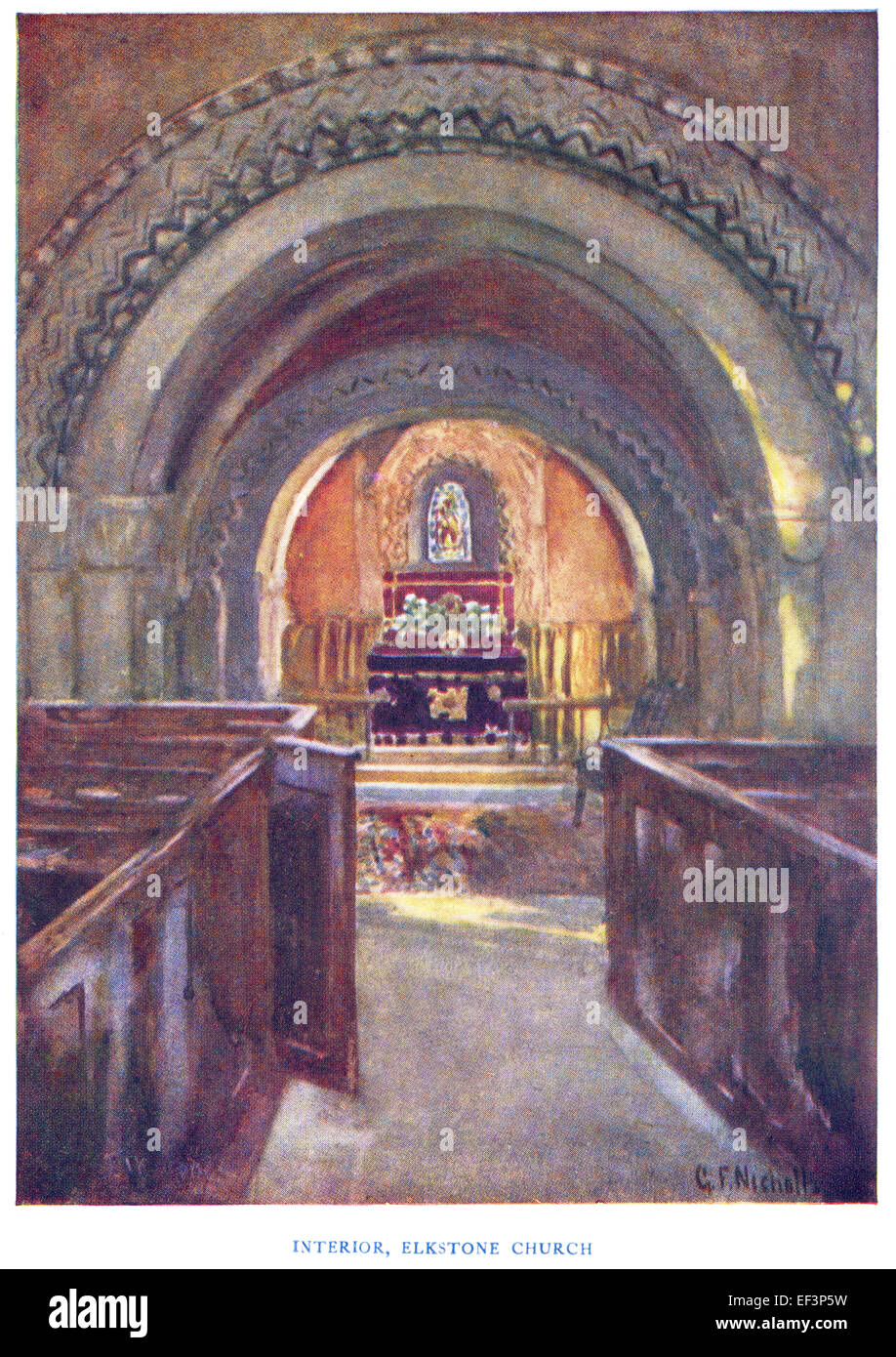 A coloured picture "Interior, Elkstone Church" scanned at high ...