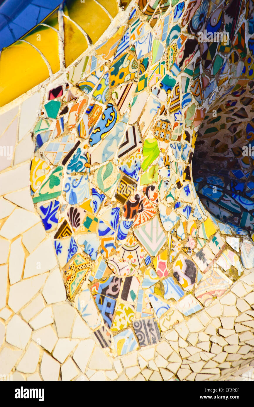 Details of the trencadis, broken mosaics, in Park Güell. Designed by ...