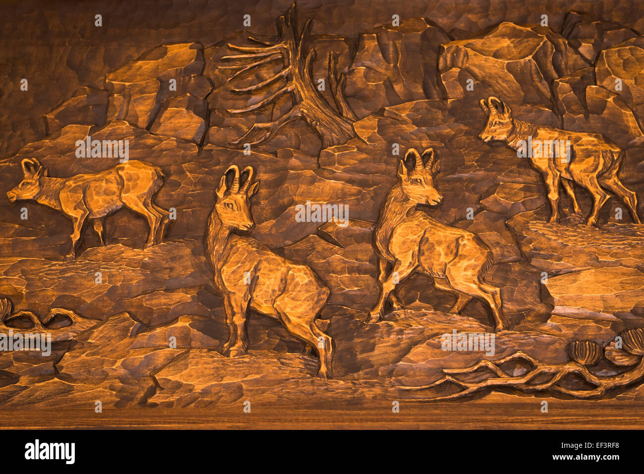 Wood carving of mountain goats, Risnjak National Park, Croatia Stock ...