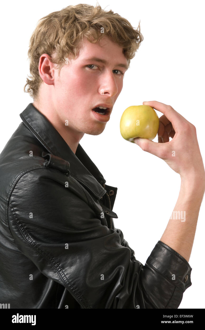Man about to eat an apple Stock Photo - Alamy