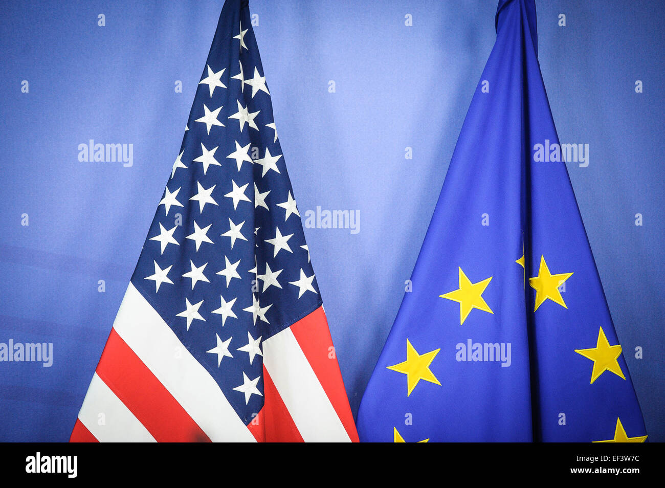 US and EU flags seen during Treasury Secretary Jack Lew a press ...