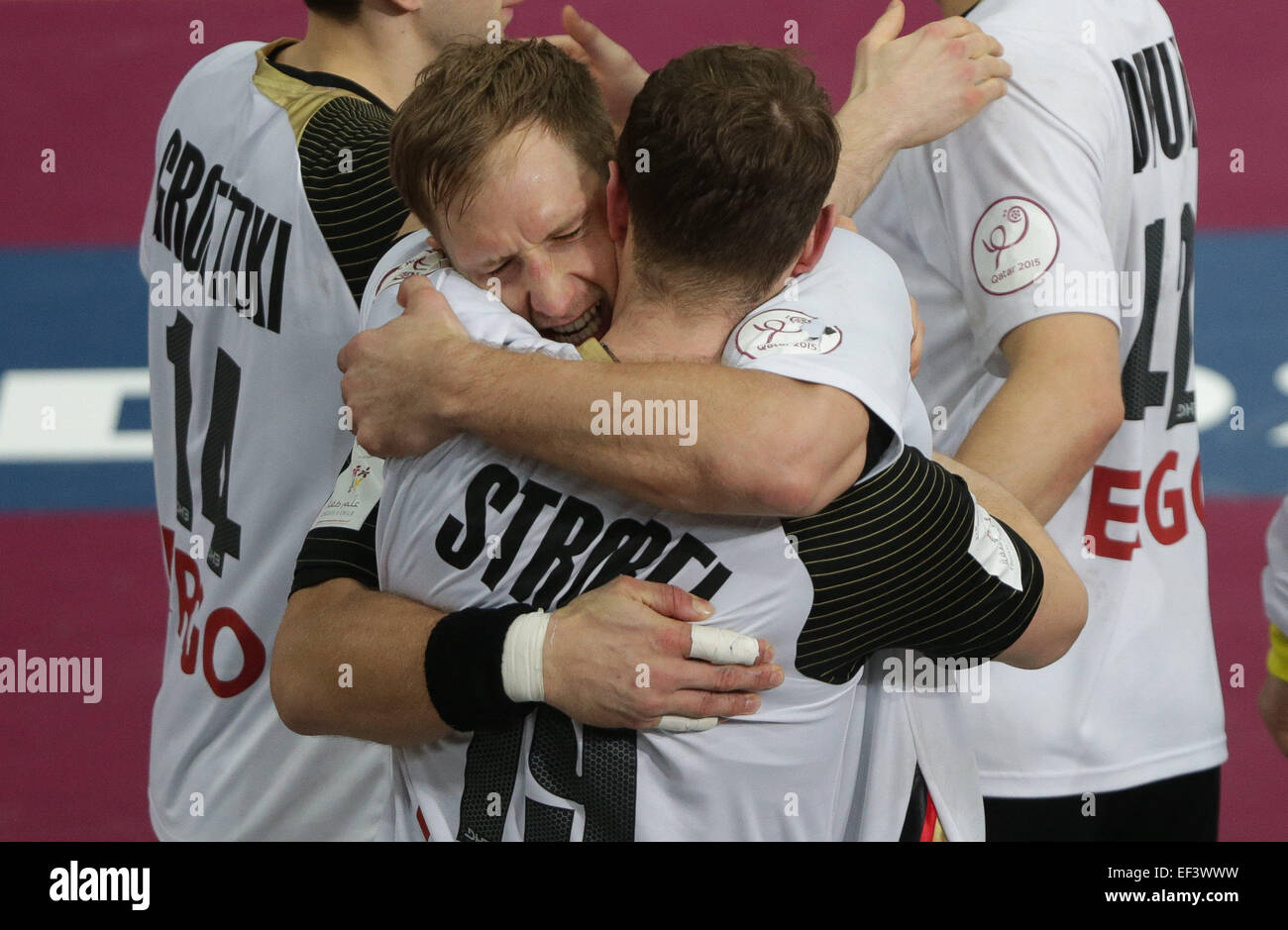 Germany's team Patrick Groetzki (L-R), Martin Strobel, Steffen Weinhold and Paul Drux celebrate ...