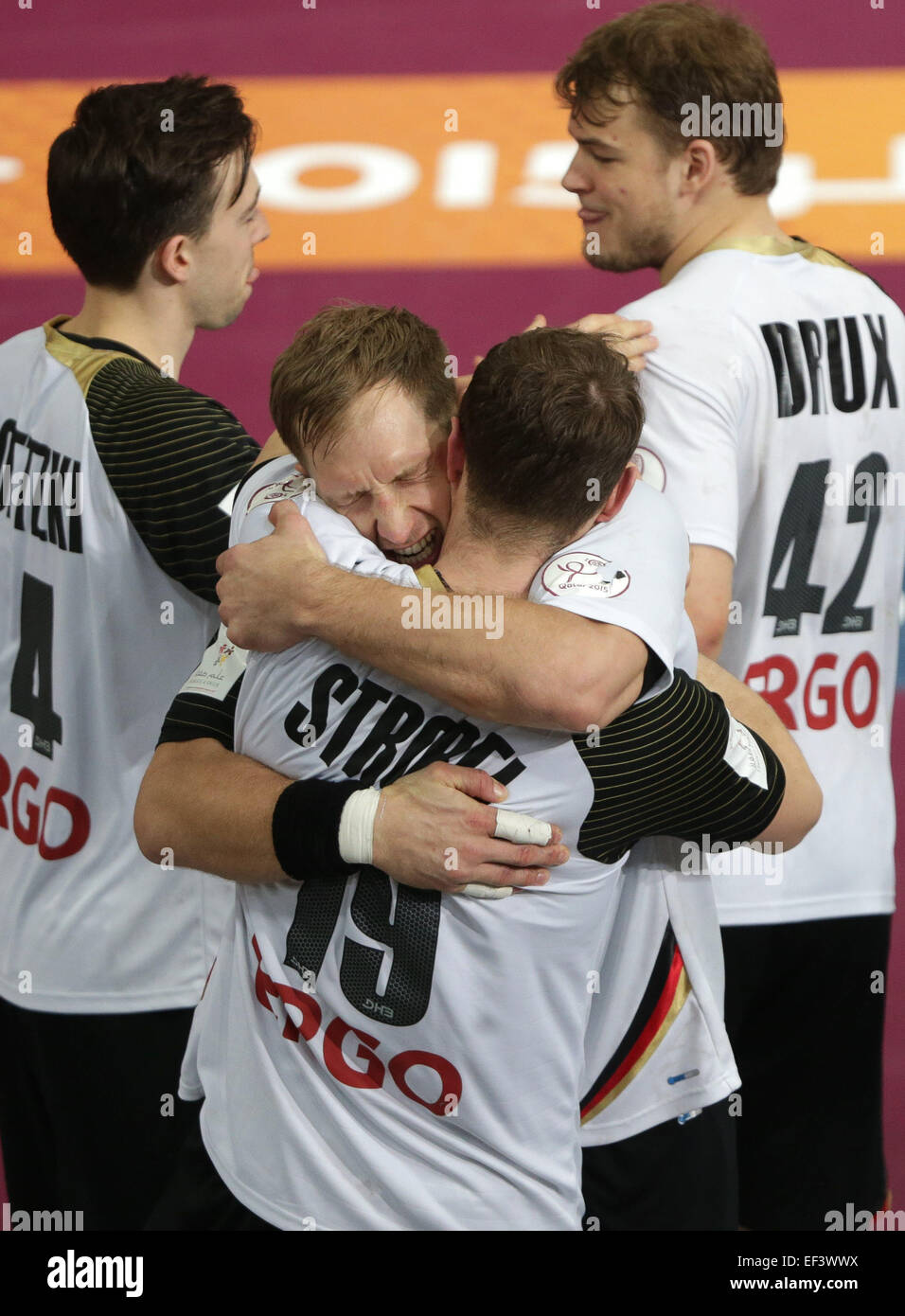 Germany's team Patrick Groetzki (L-R), Martin Strobel, Steffen Weinhold and Paul Drux celebrate ...