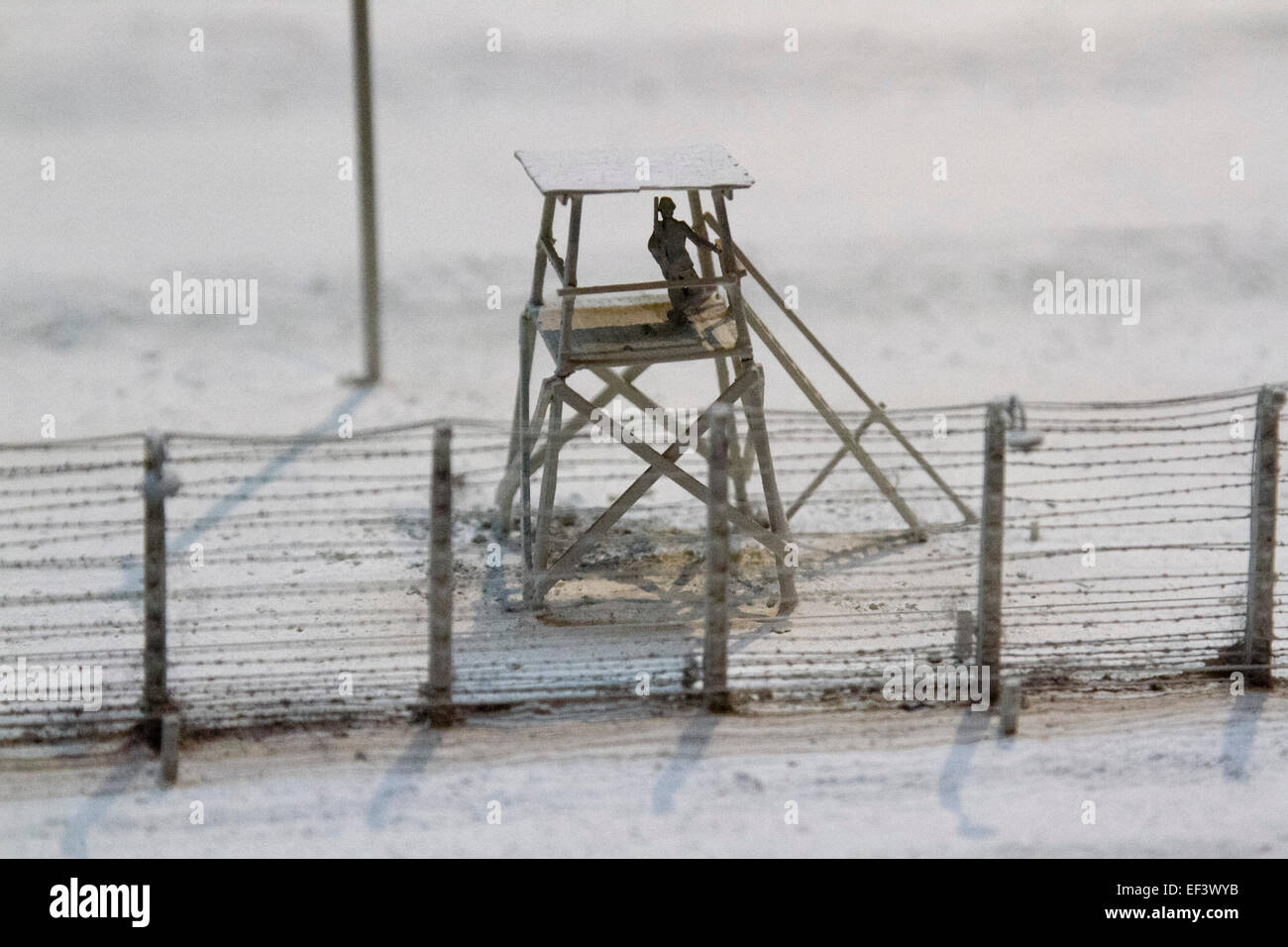 London,UK. 26th January 2015. A replica model of a guard watchtower at ...