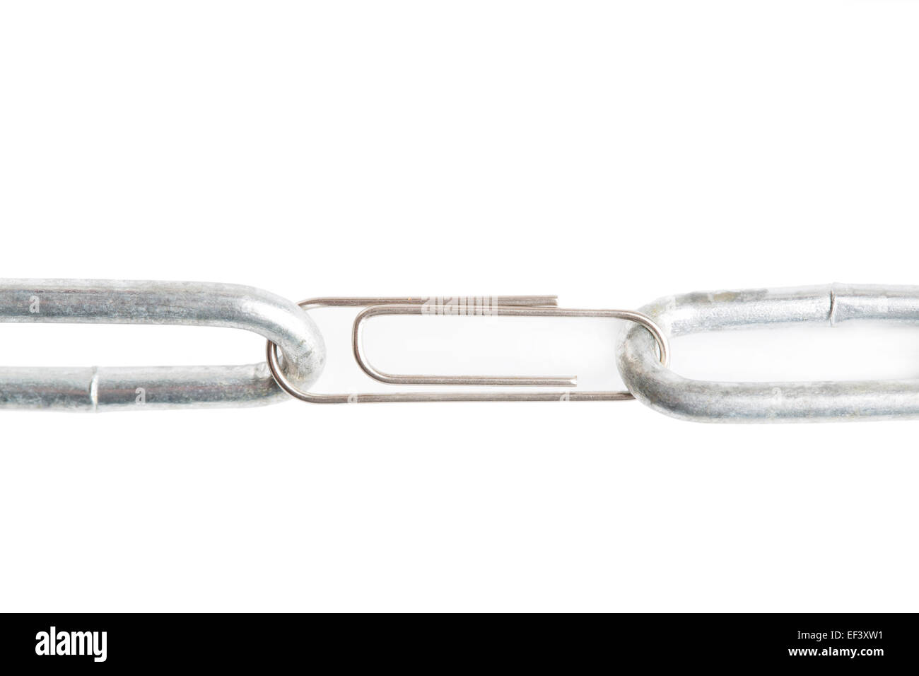 Paper clip holds two parts of a chain together in front of a white ...