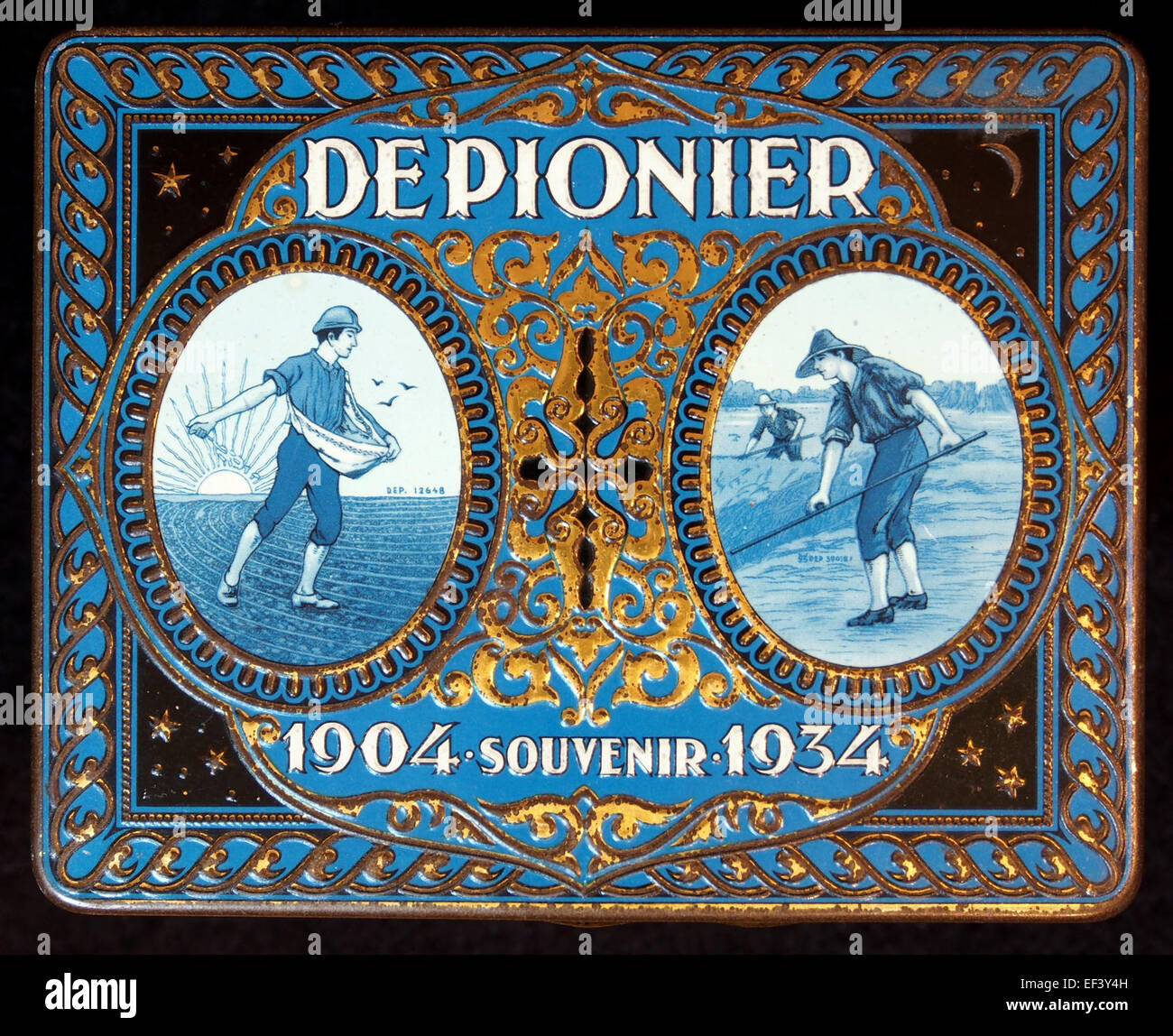 A historical souvenir cigar tin, dating back to 1934, featuring the De ...