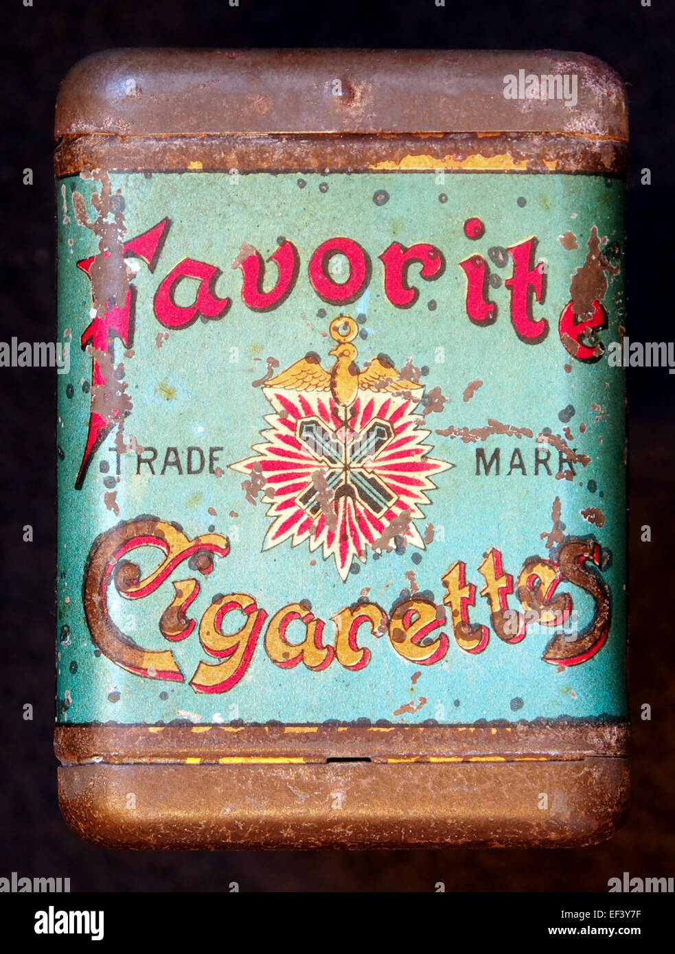 A collectible Favorite Cigarettes tin, featuring a distinctive front ...