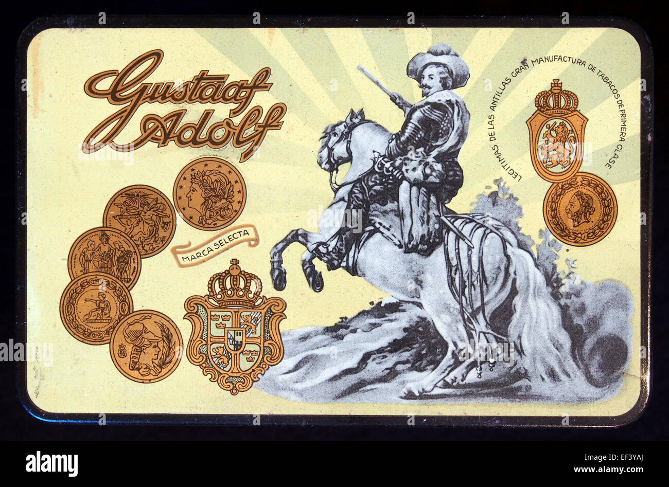 A vintage Gustaaf Adolf Marca Selecta cigar tin, highlighting its ...