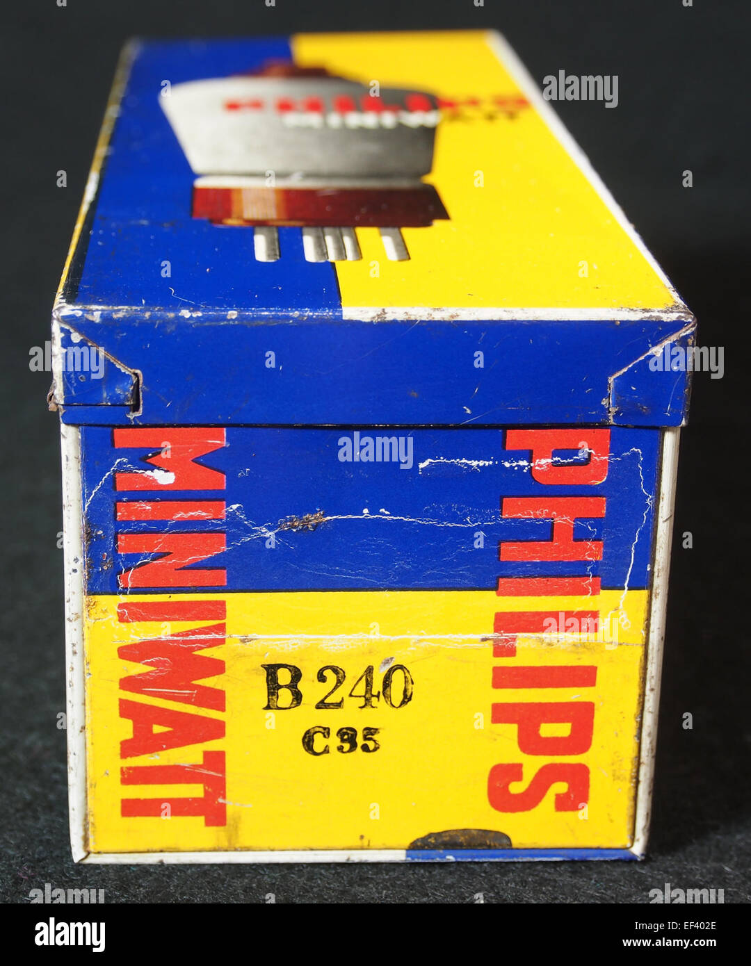 A photo of a Philips Miniwatt tin, showcasing the branding and design ...