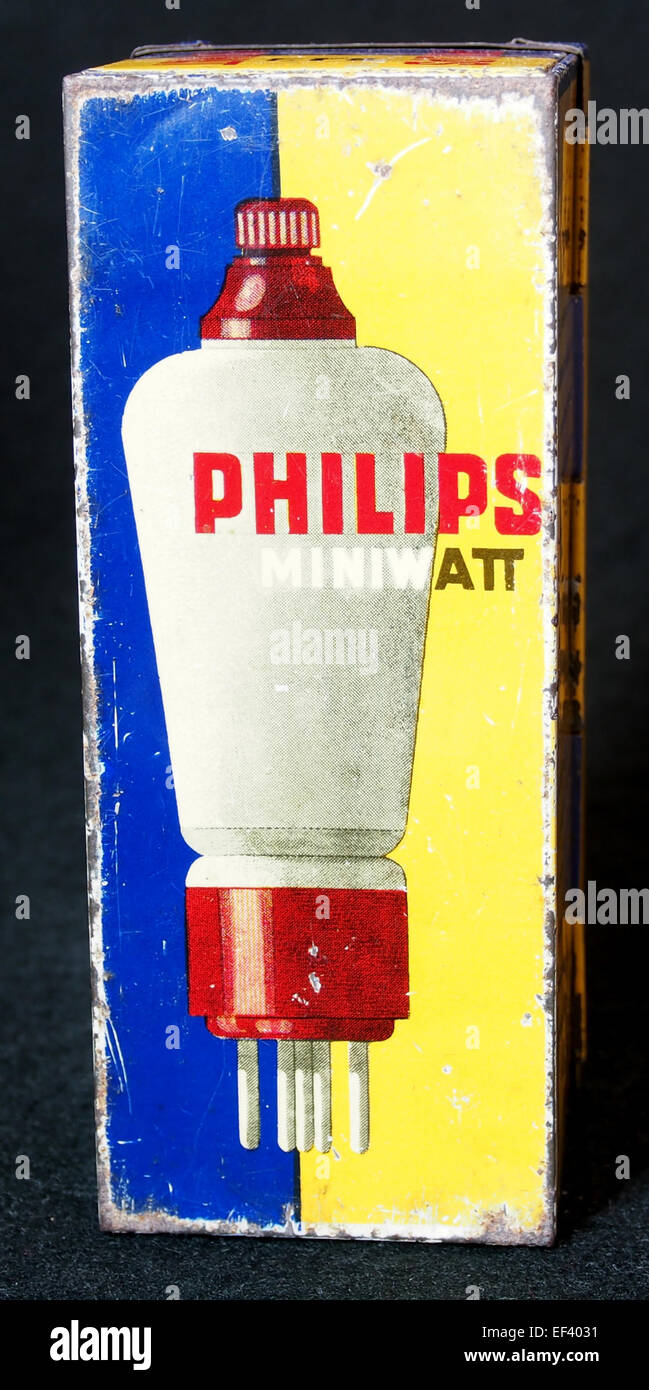 This image features a Philips Miniwatt tin can, a vintage item used for ...