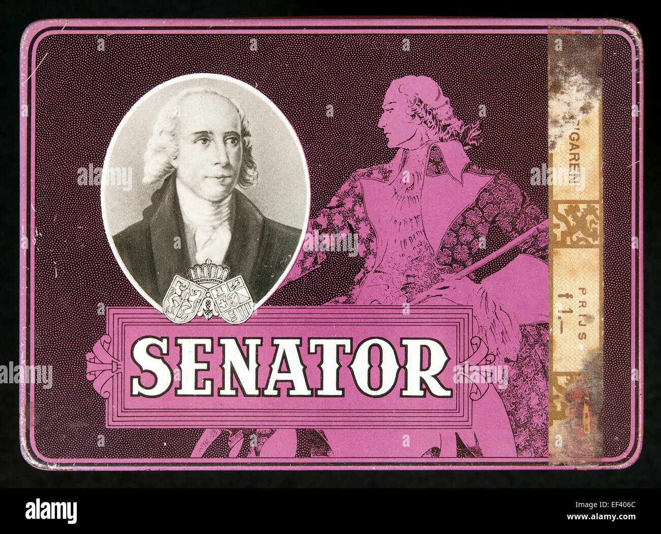 This image shows a Senator paars cigar tin, a packaging container ...