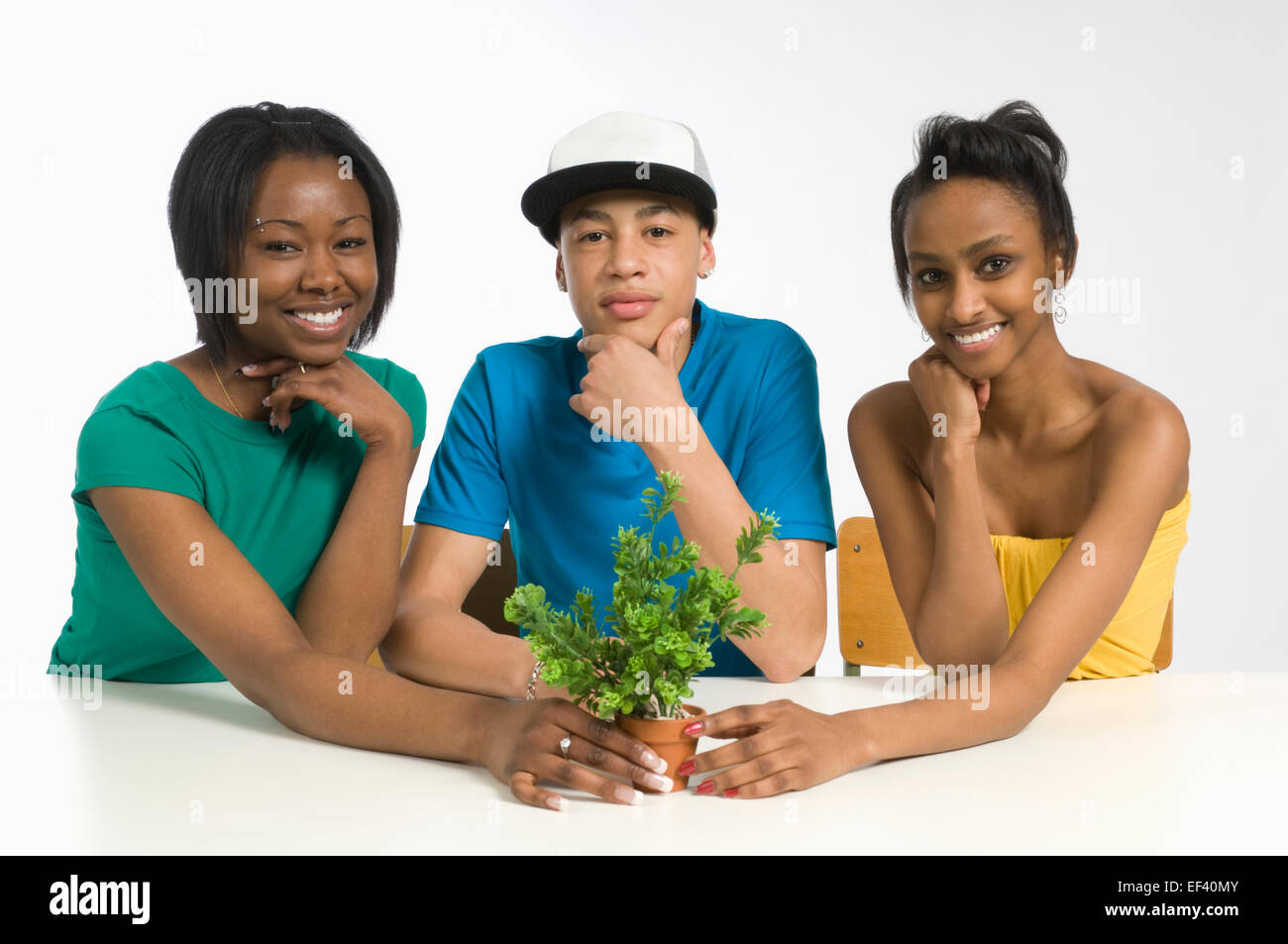 Three friends sitting at desk with a potted plant on it Stock Photo - Alamy
