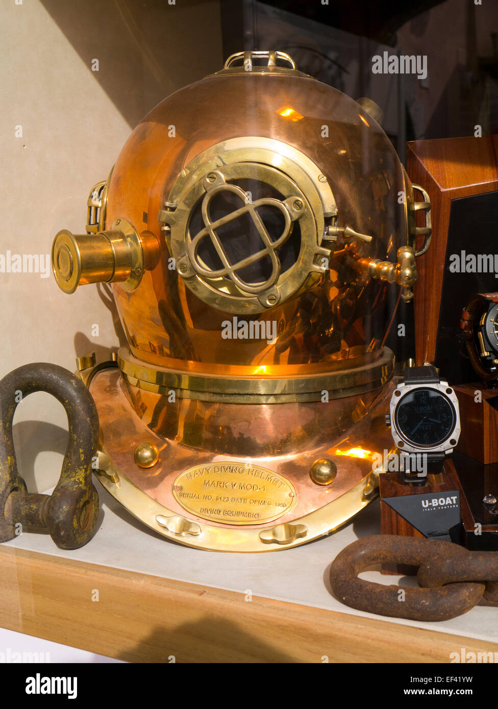 Diving Helmet on display in Malcesine on Lake Garda in Italy Stock ...
