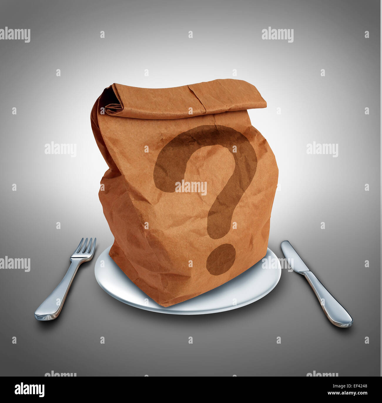 Lunch questions nutrition and dieting conept as a brown bag on a dinner ...