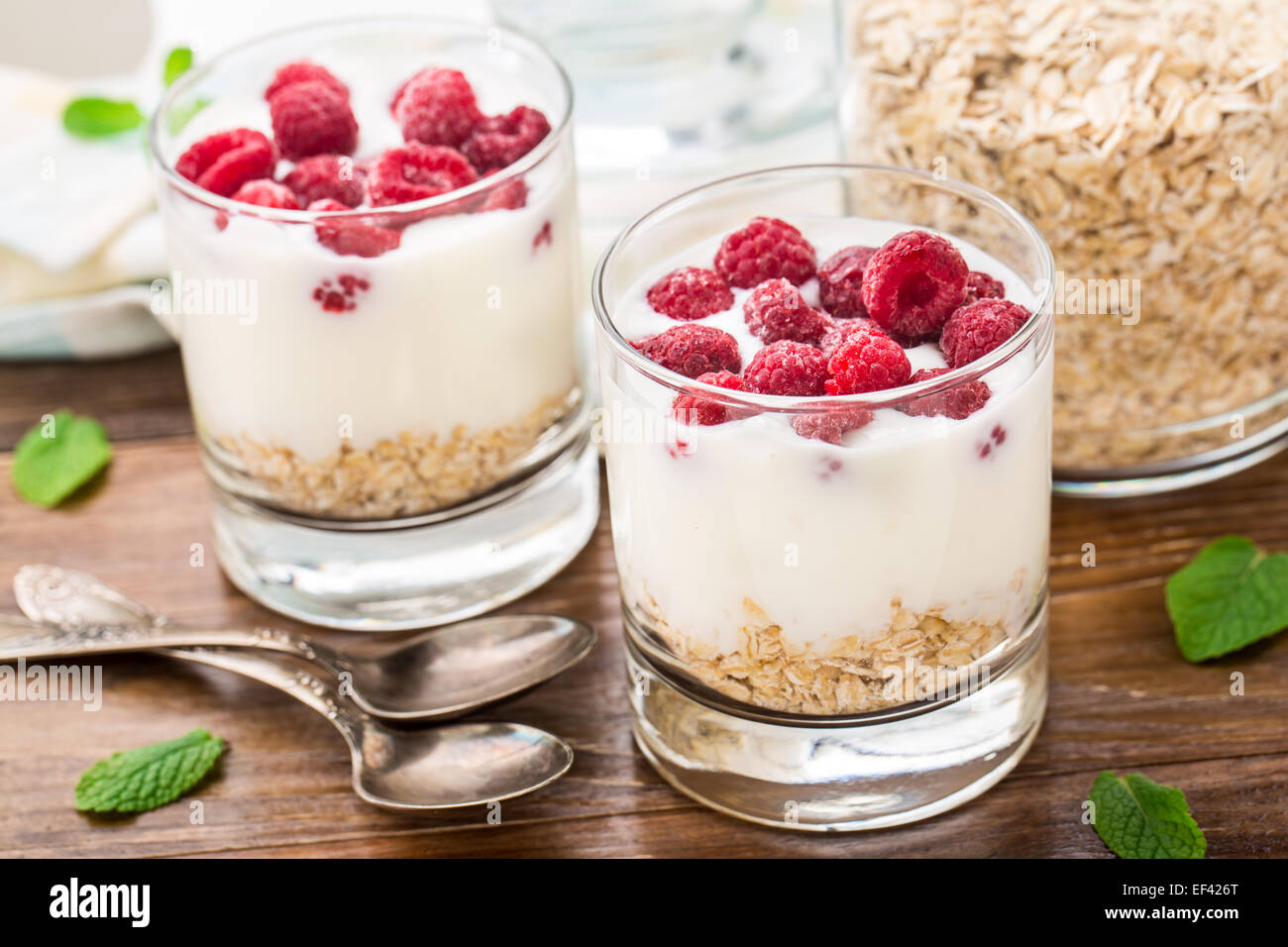 Yogurt with muesli and raspberries Stock Photo - Alamy