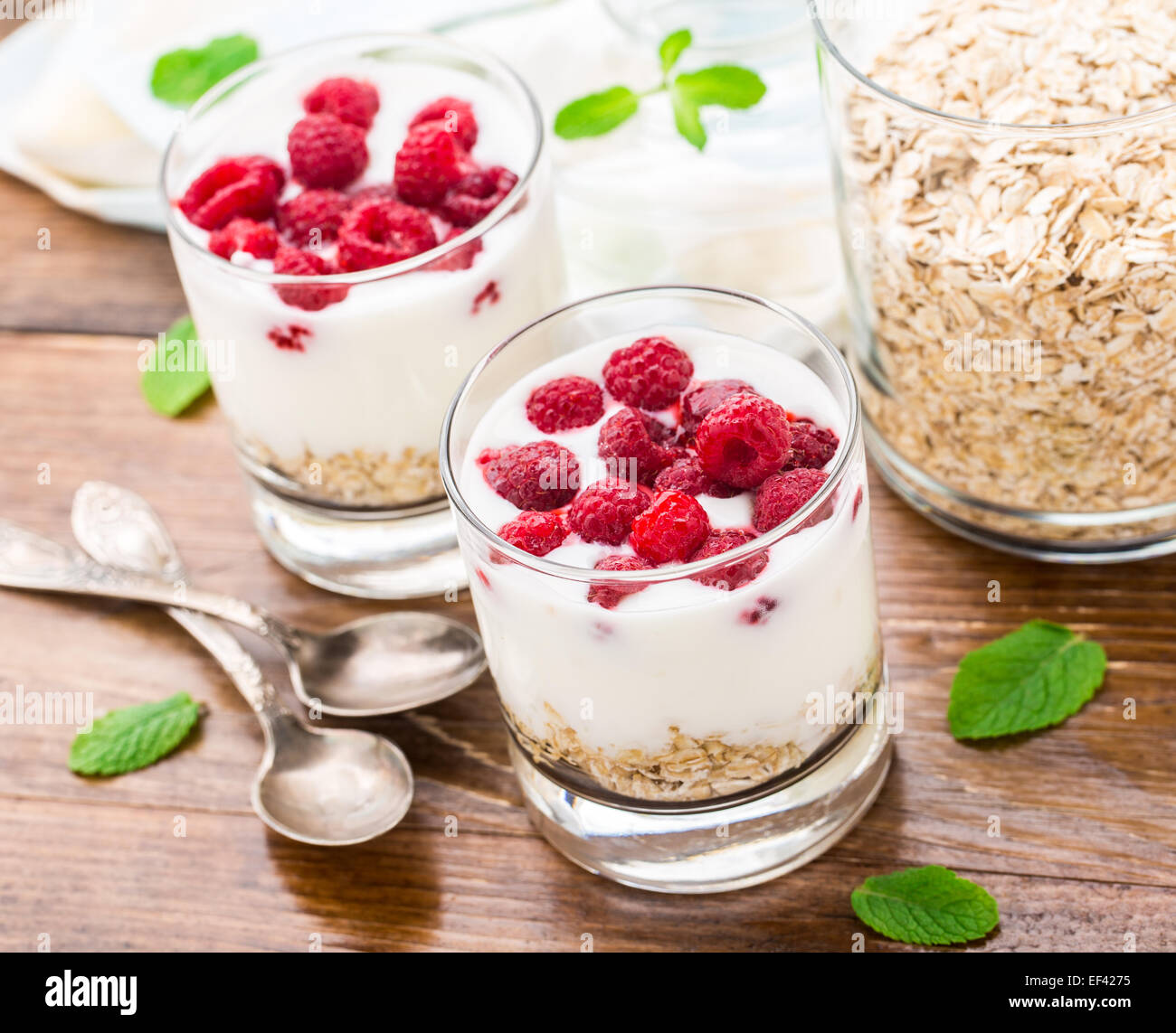Yogurt with muesli and raspberries Stock Photo - Alamy