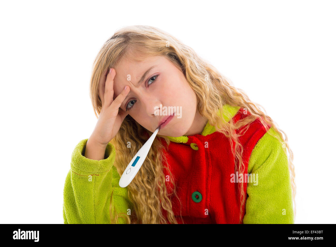 blond girl with thermometer and flu cold in pyjama and sad face Stock ...