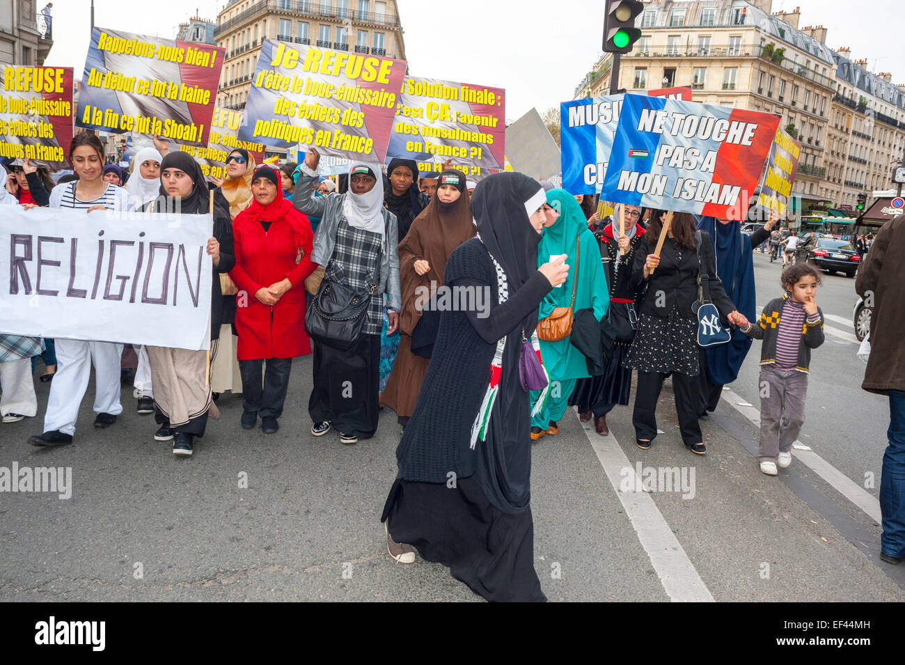 Paris, France, French Arab Muslims Demonstrating against Islamophobia, Racism, Arabic Woman in ...