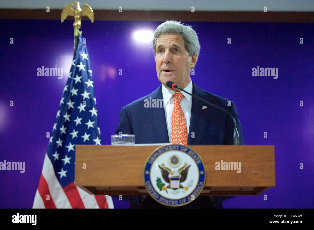 U.S. Secretary of State John Kerry addresses reporters in Ahmedabad ...