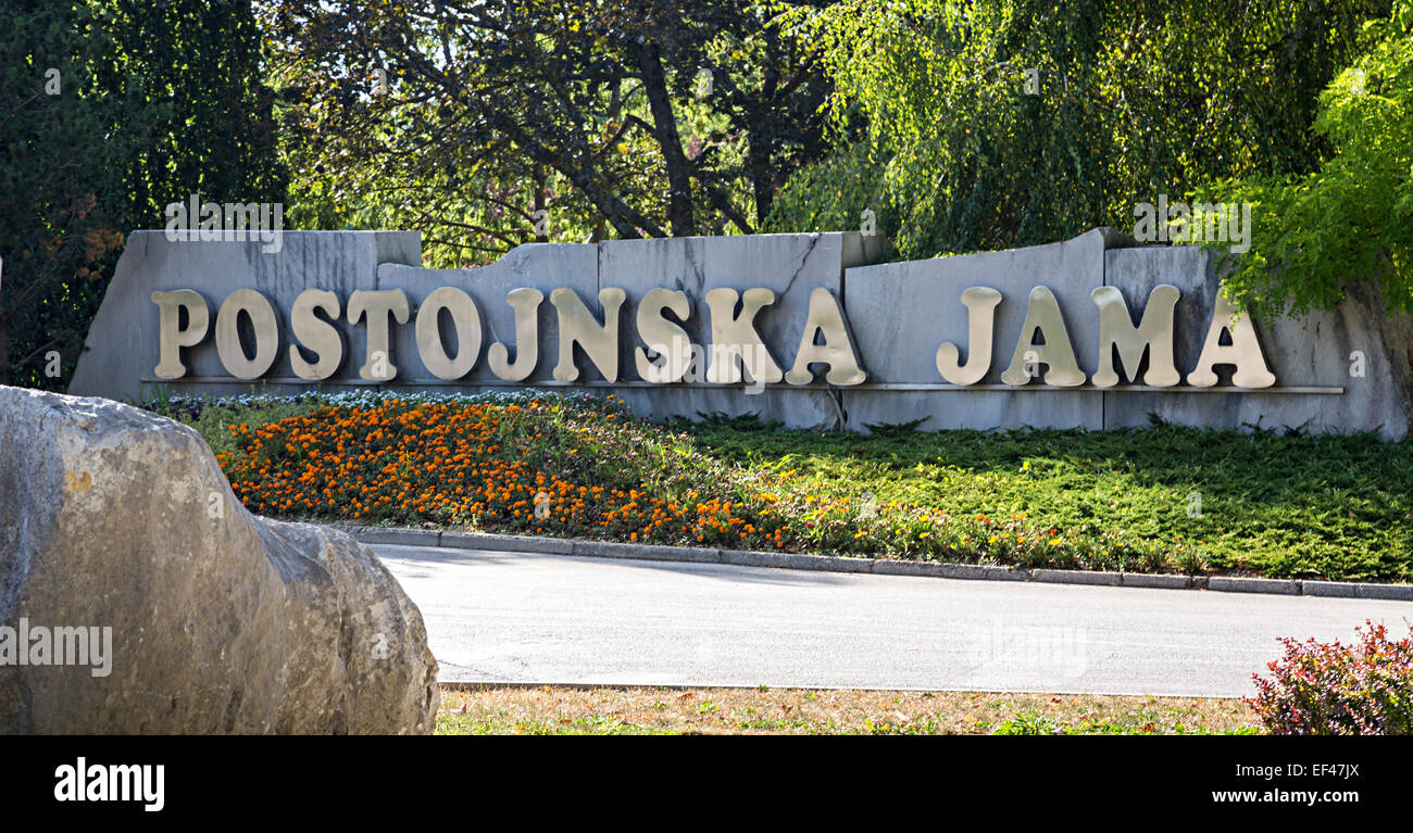 Entrance sign for Postojnska jama, Postojna cave, Slovenia Stock Photo ...