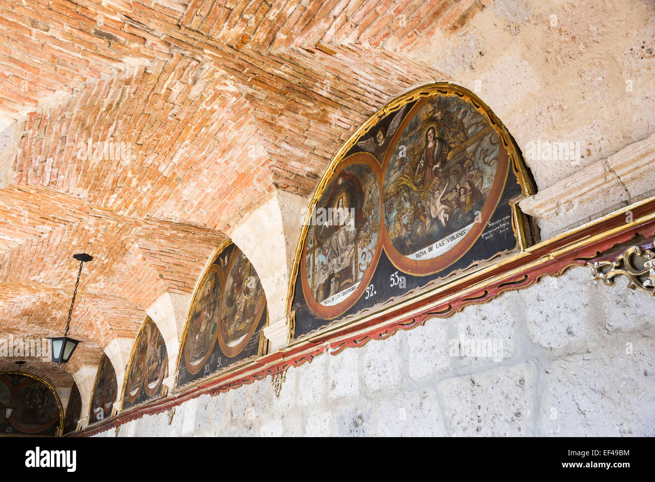 Cloister with ancient religious wall paintings in the iconic Santa ...